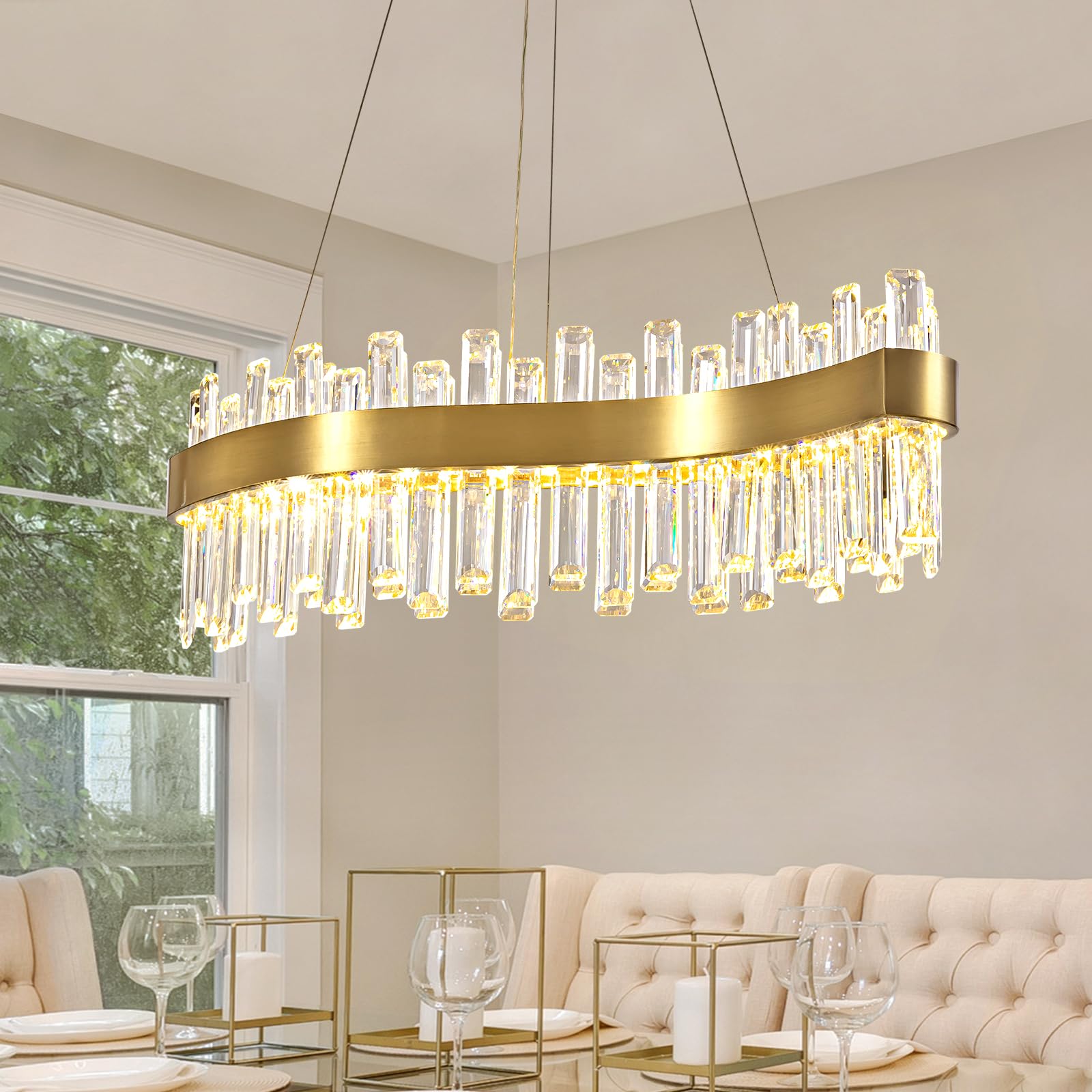 Siljoy Modern LED Crystal Chandelier, Luxury Brass Gold 2-Tiers K9 ...