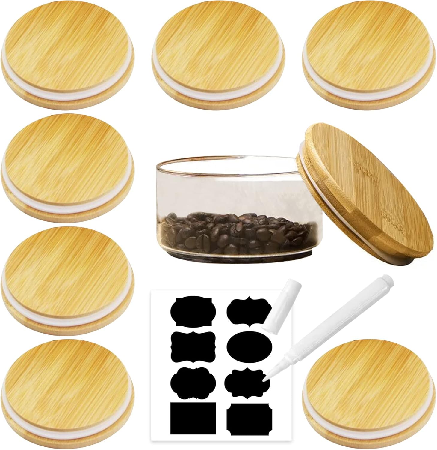 Bamboo Lids for Gü Pots - 8 Pack Glass Storage Can Lids with Pen and ...