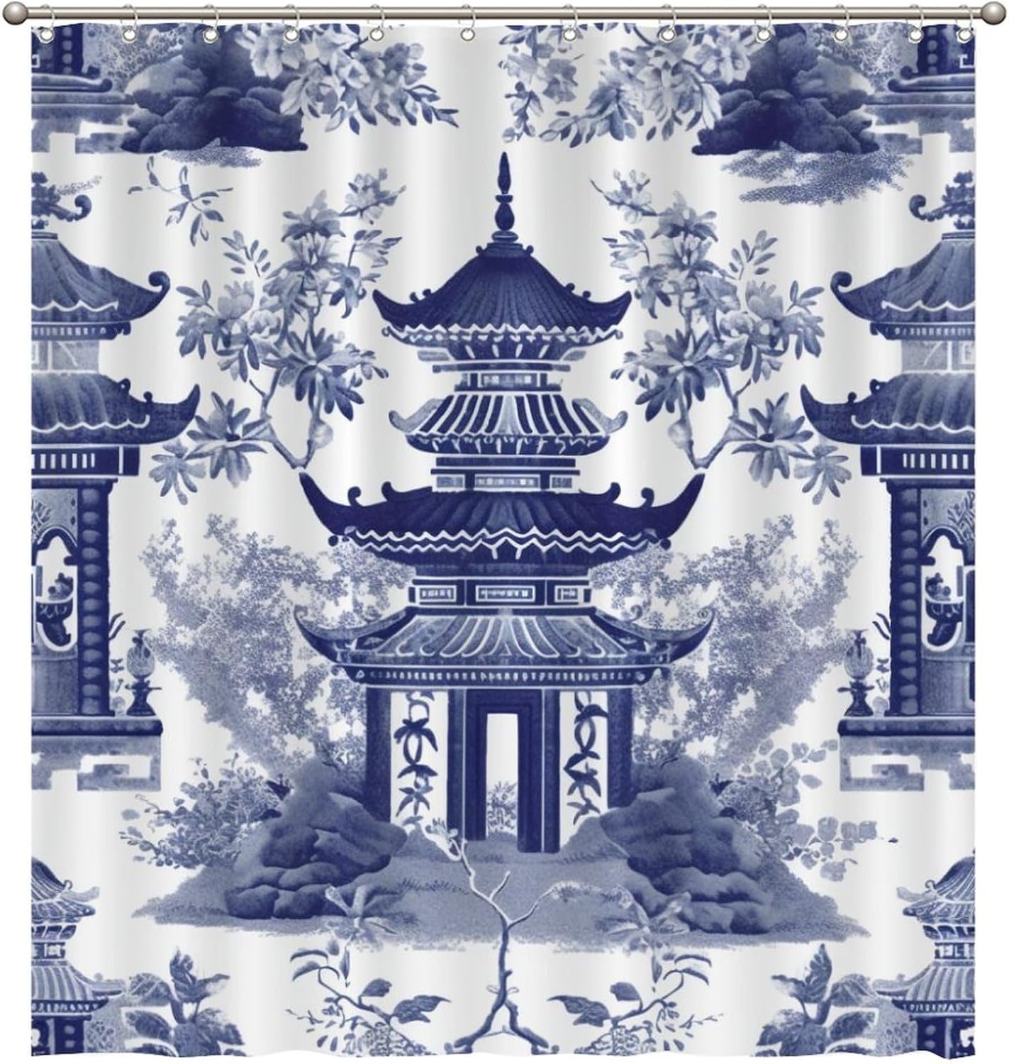 Amazon Manggou Waterproof Shower Curtain Chinoiserie Blue Asian