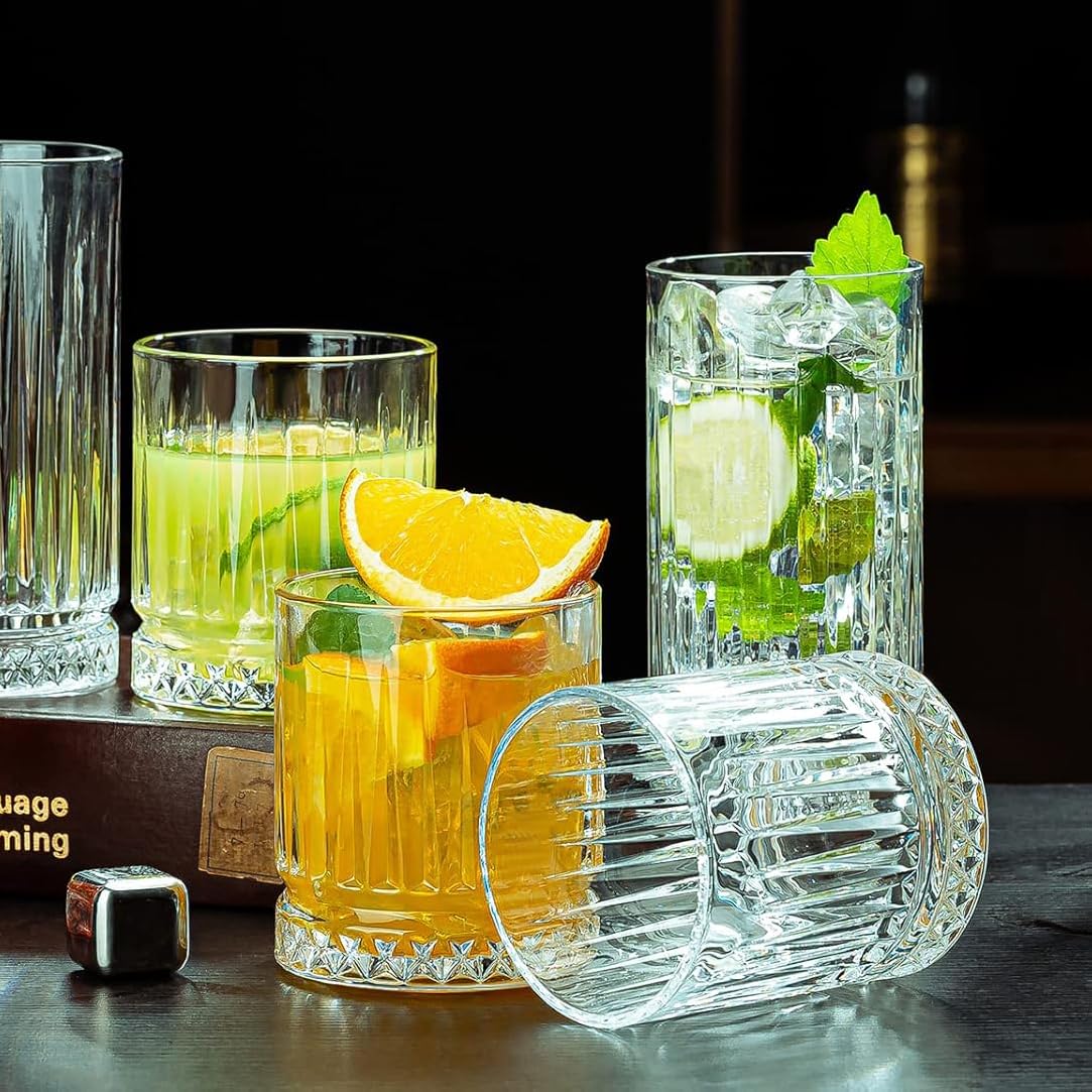 Buy Manraj Tall Highball Glasses Set of 6, Textured Design Glassware ...