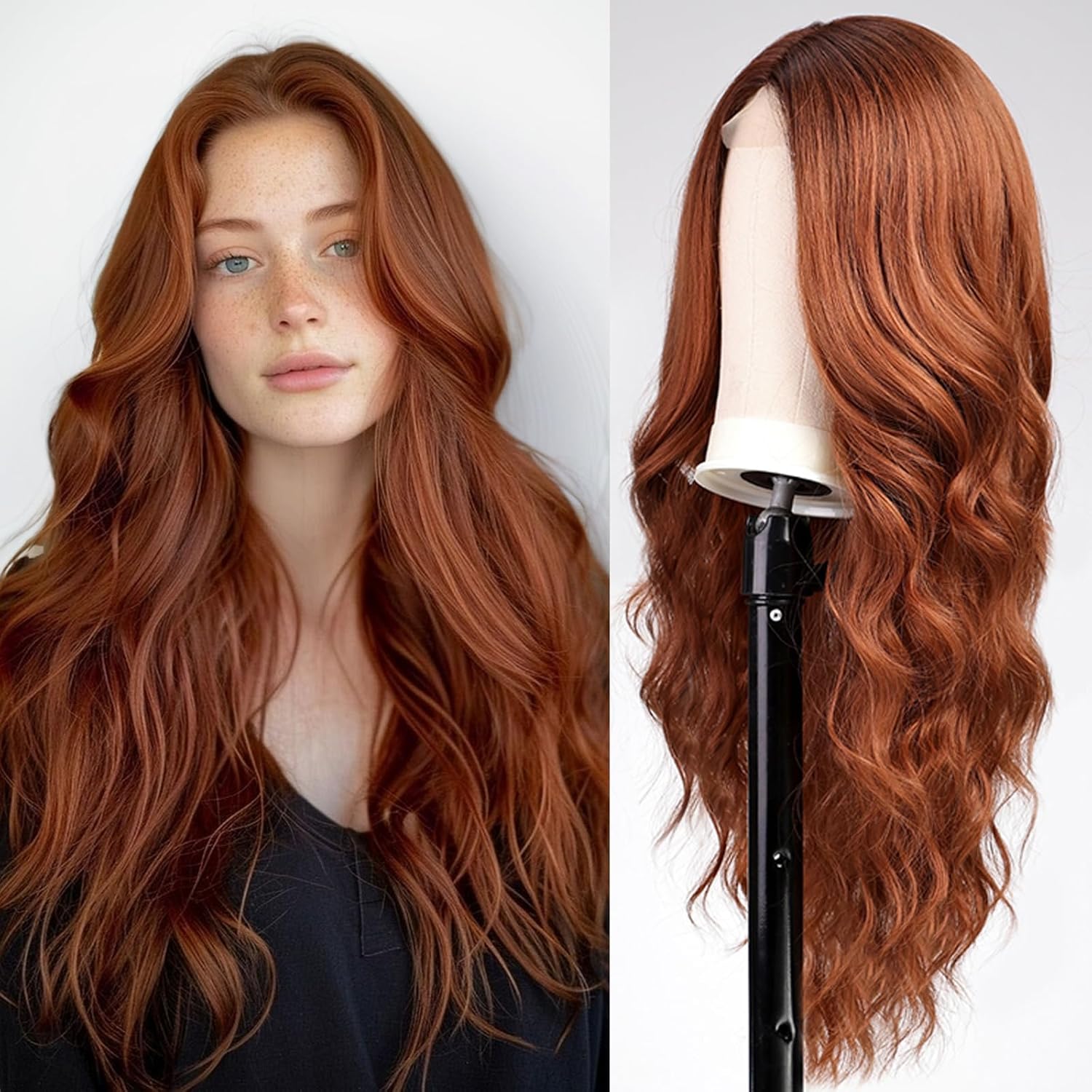 Amazon.com : EMMOR Long Ginger Wavy Wig for Women Lace Front Wigs ...