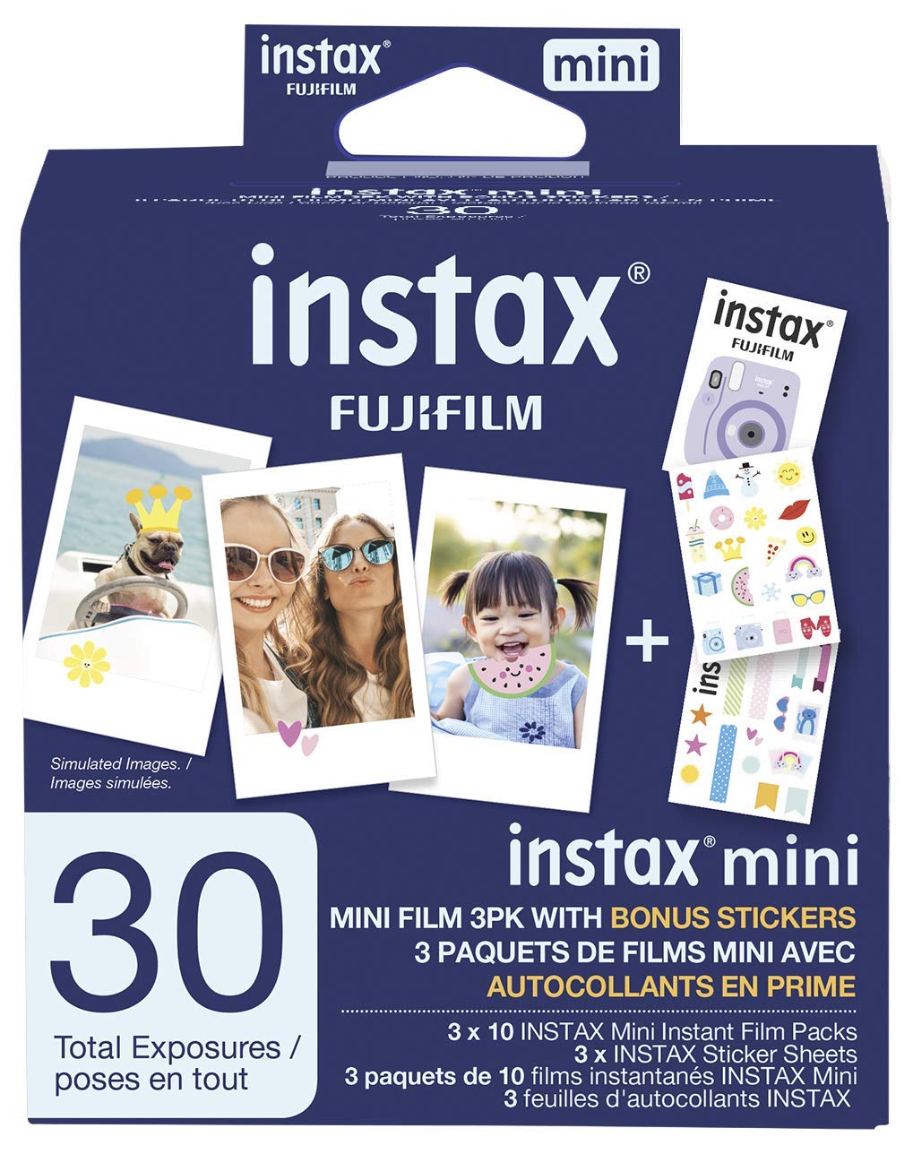 Fujifilm Instax Mini Film, 3 Pack with Stickers (30 exposures) White ...