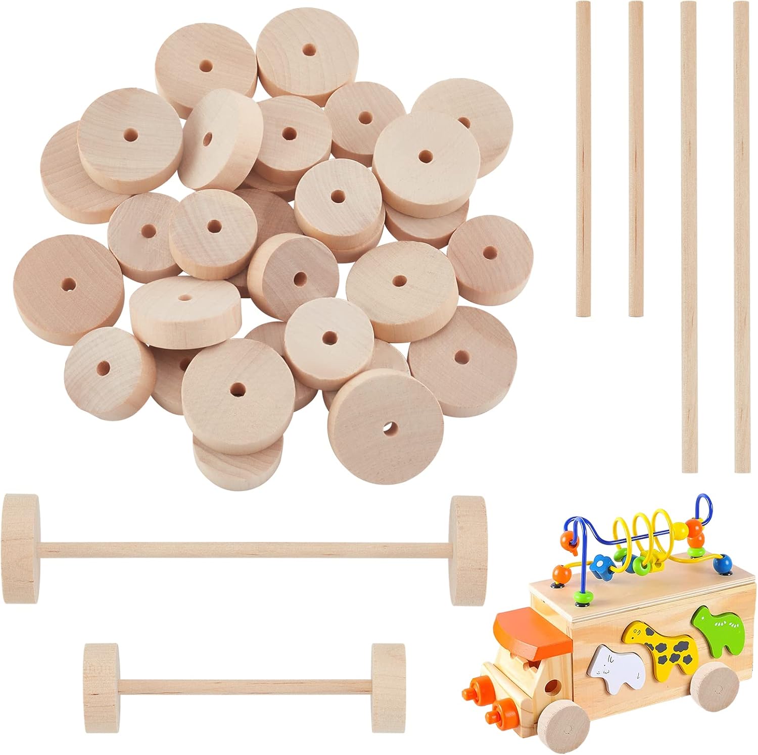OLYCRAFT 32pcs Wooden Wheels with 32Pcs Wooden Sticks Unfinshed Wood ...