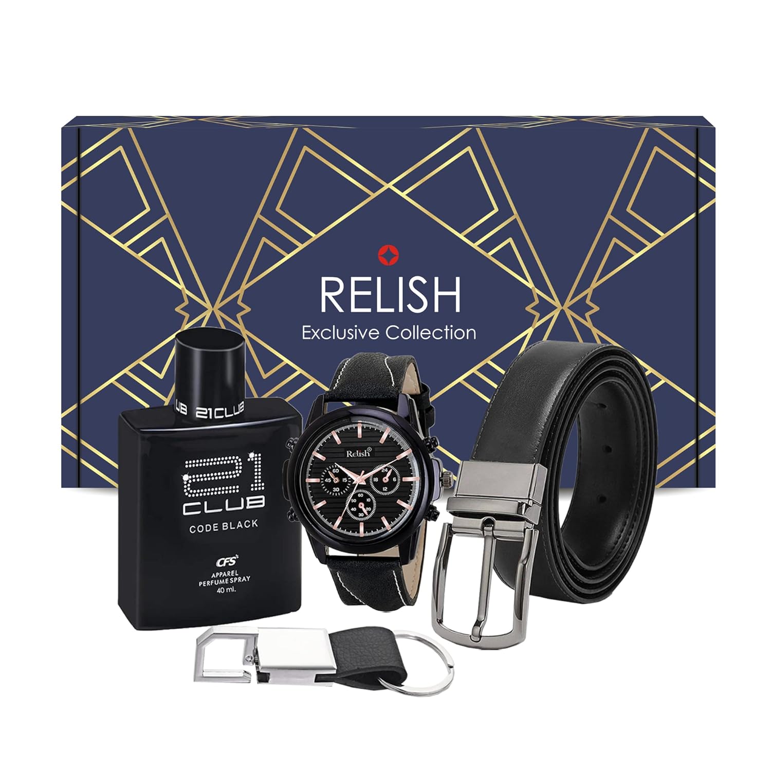 Buy Relish Gift Combo Box of Men's Black Analog Leather Strap Watch ...