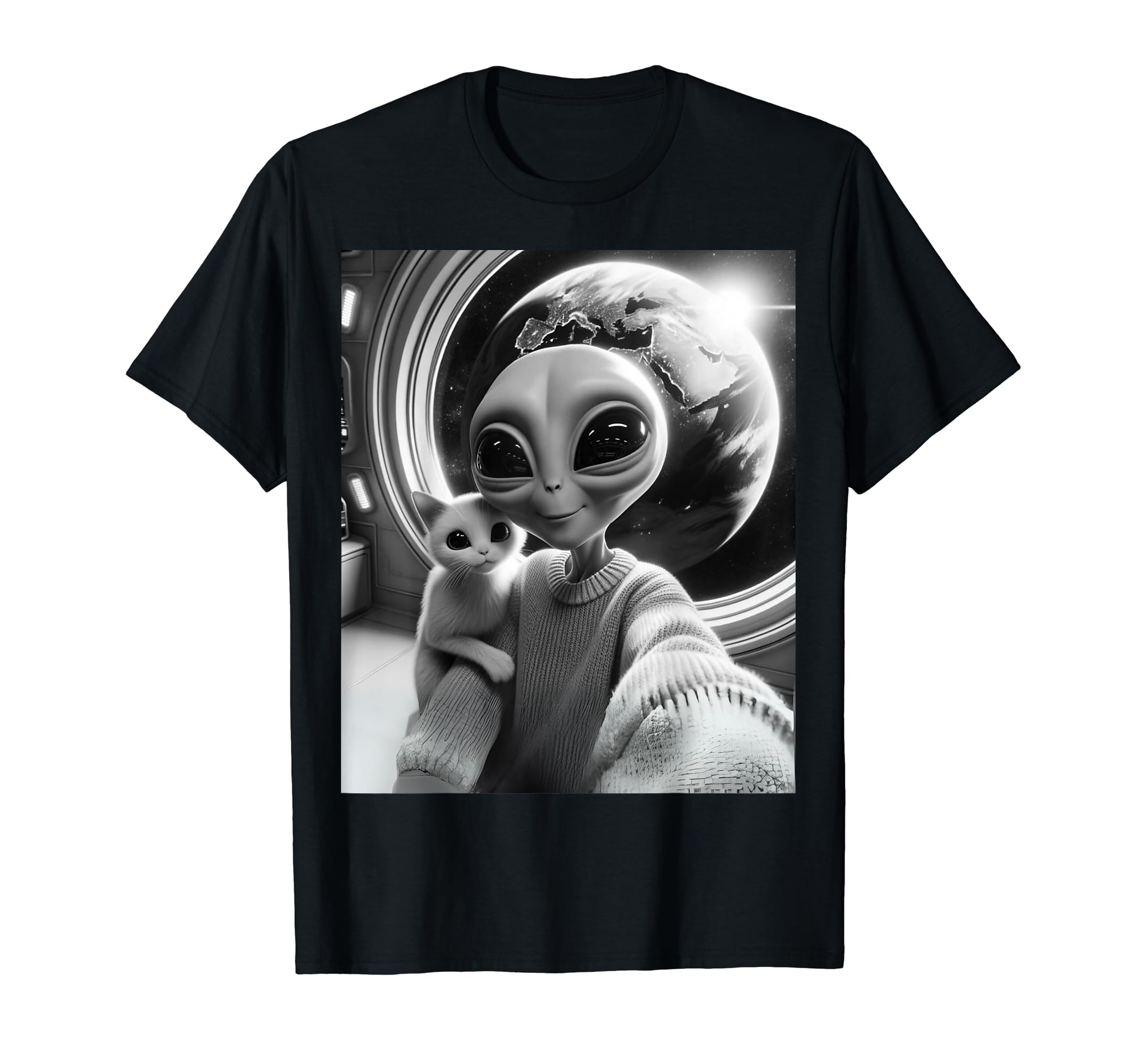 Amazon.com: Cute Alien Cat Selfie Funny Black and White UFO Earth Photo ...