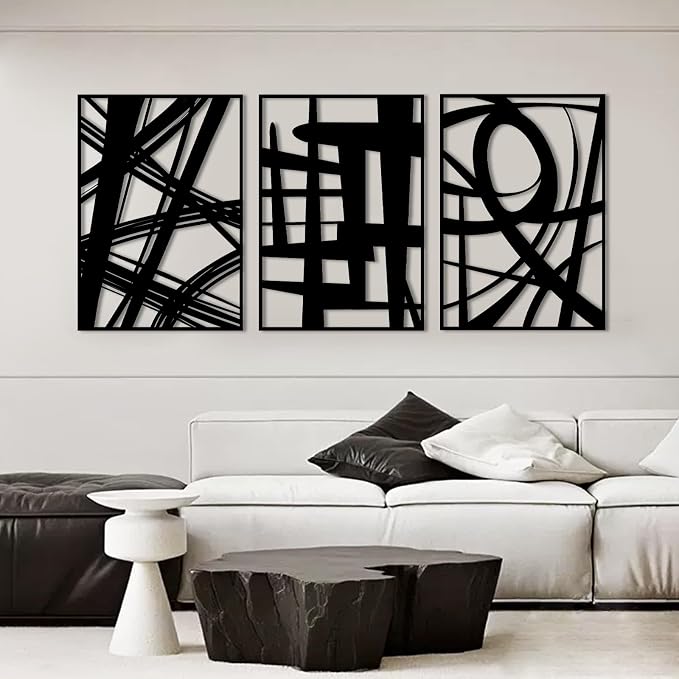 3Pcs Abstract Black Metal Wall Art, 3D Textured Wall Decor, Modern ...