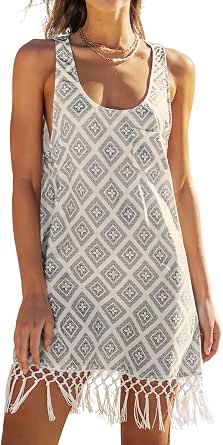 CUPSHE Women's Scoop Neck Geo Print Fringe Cover Up Mini Wide Straps ...