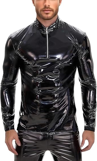 Jacke Herren Leder Lack Latex Optik Männer Langarmshirt Muskel Top ...