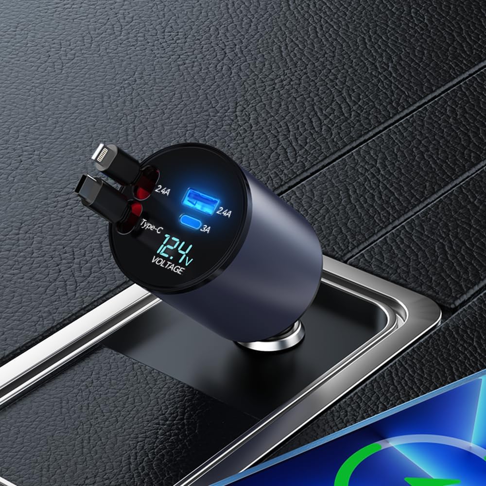 Retractable Car Charger,Fast 4 in 1 Car Charger for iPhone and Type C ...