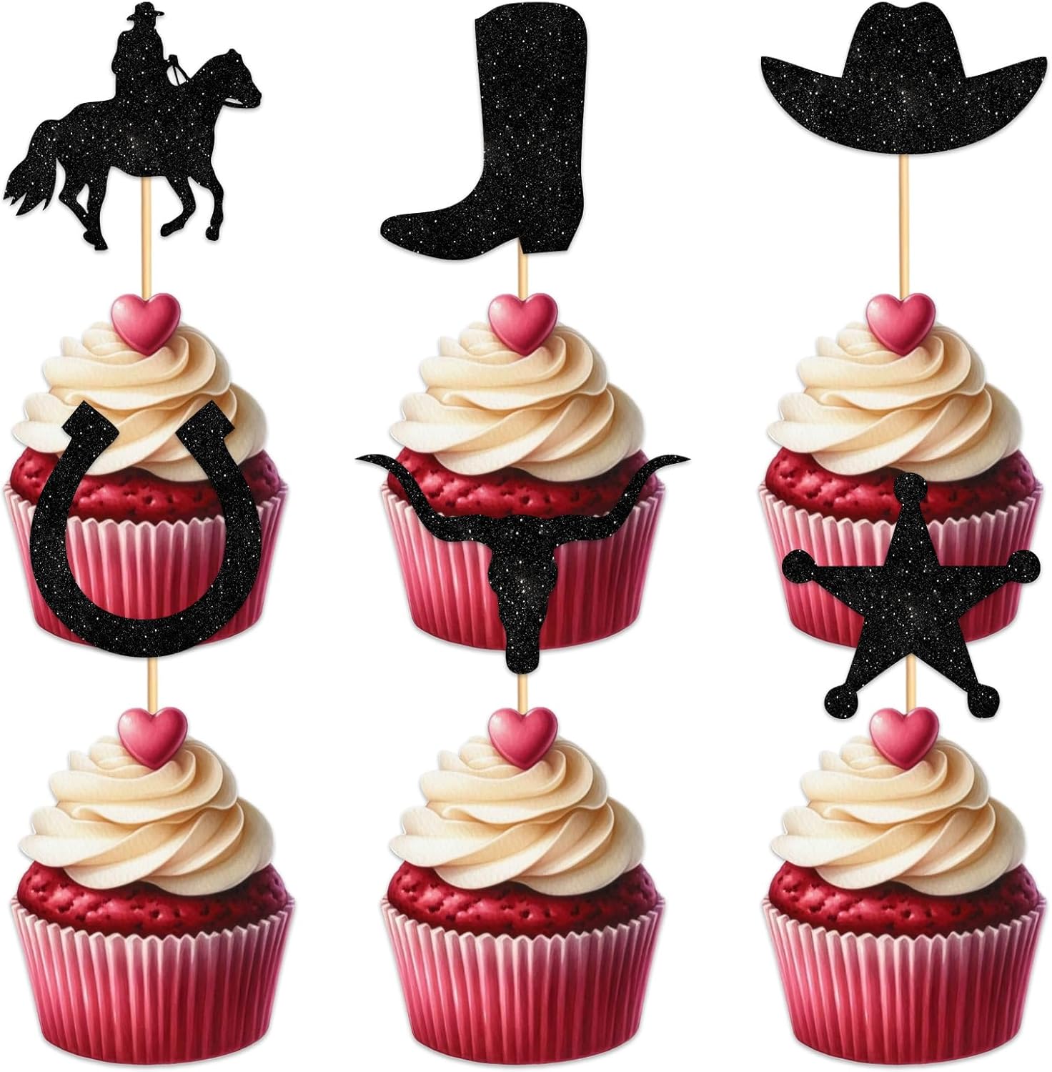 Amazon.com: 18pcs Black Glitter Silhouette Boot Hat Cupcake Topper for ...