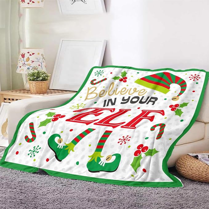 Amazon.com: Christmas Blanket with Funny Elves Hat and Shoes Believe in ...