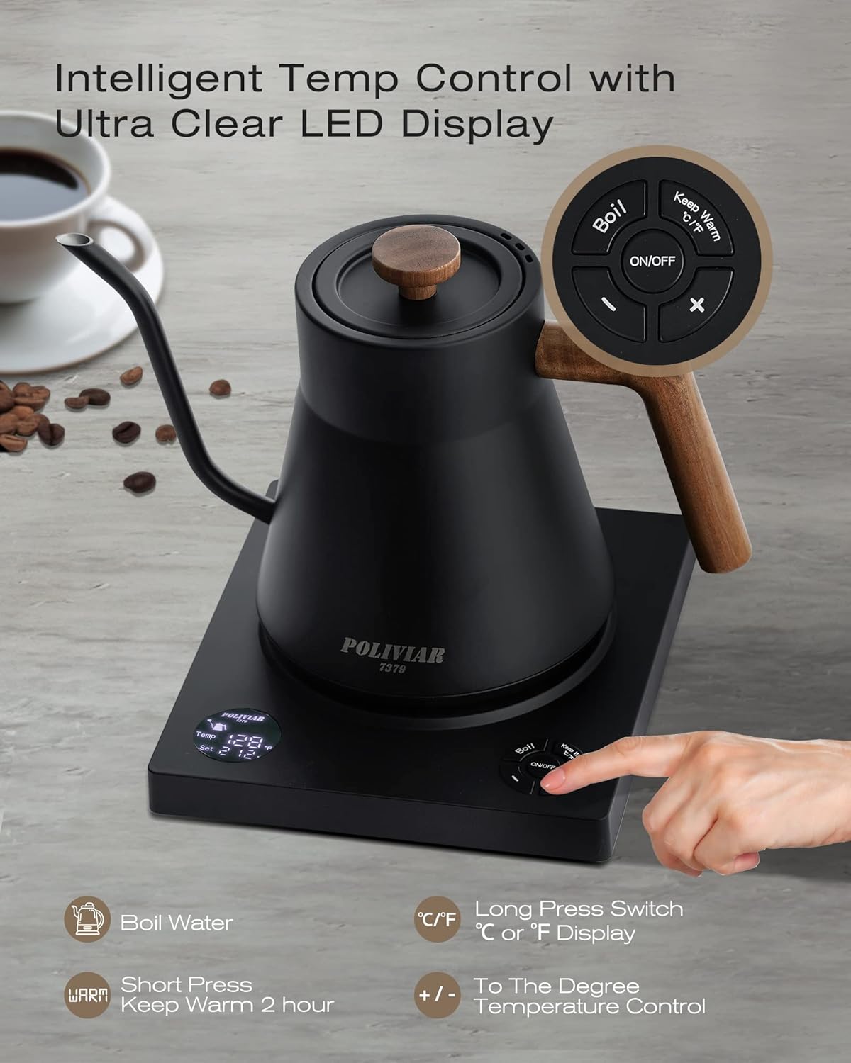 POLIVIAR Electric Gooseneck Kettle - Real Wood Handle, 34oz ...