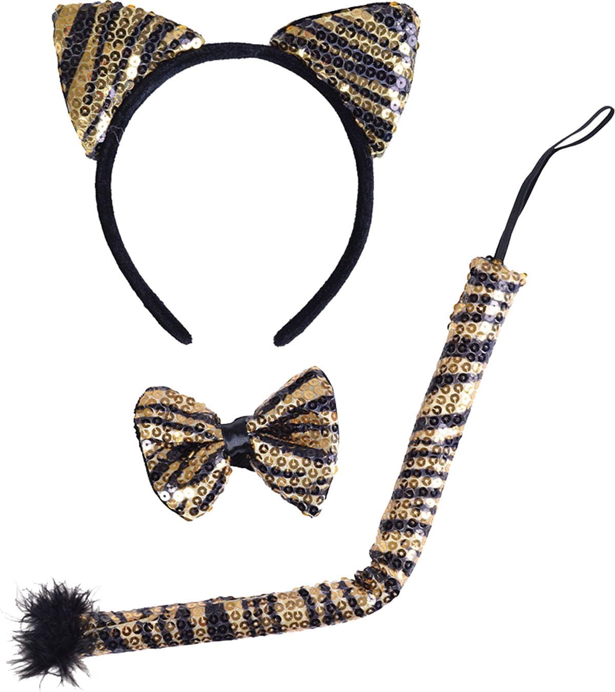 Black & Gold Sequin Tiger Fancy Dress Costume Headband Ears Tail ...
