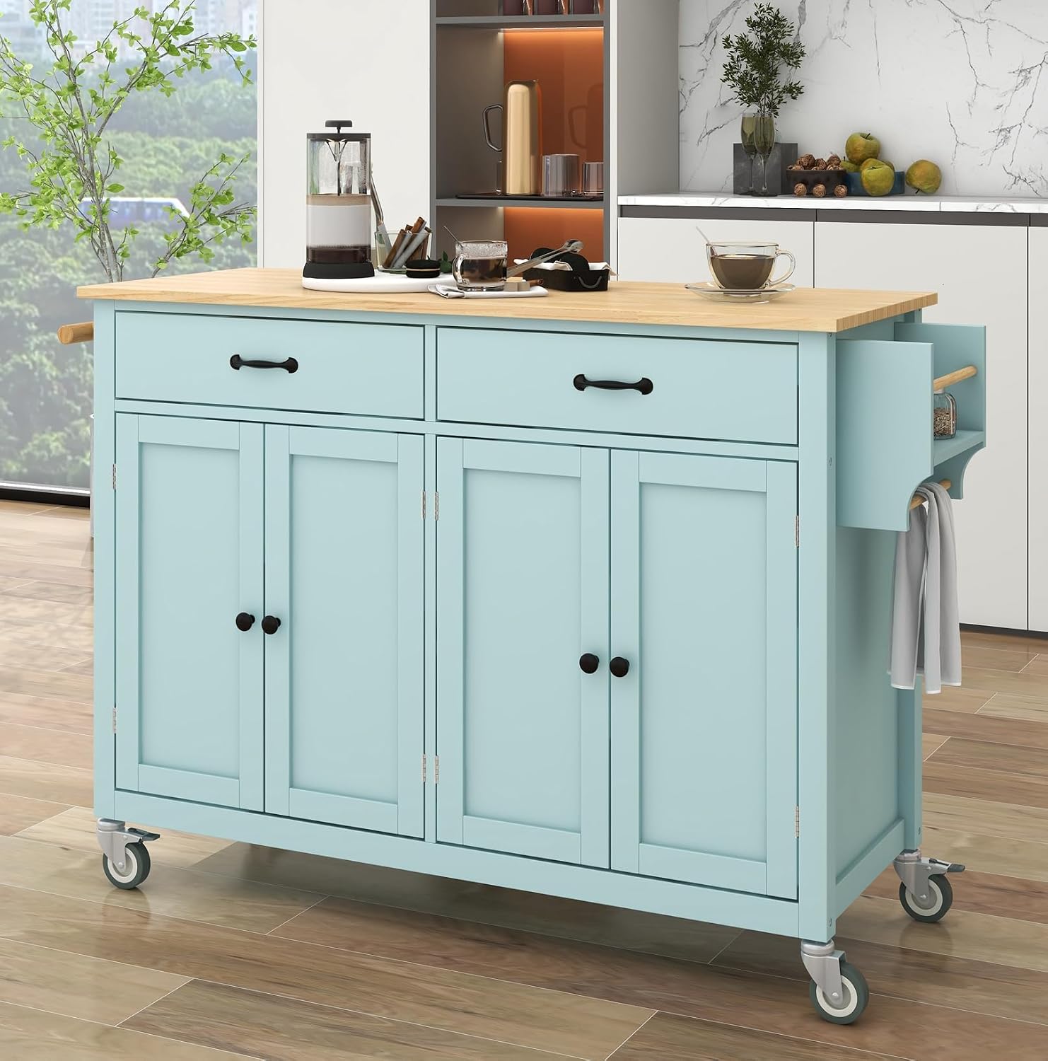 Amazon.com: Hennhari Kitchen Island on Wheels with Solid Wood Top ...