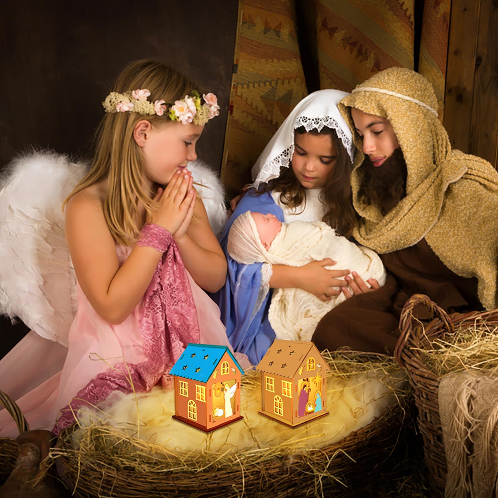 DKINY Nativity Crafts for Kids, 7 Pack Wooden Nativity Scene House ...