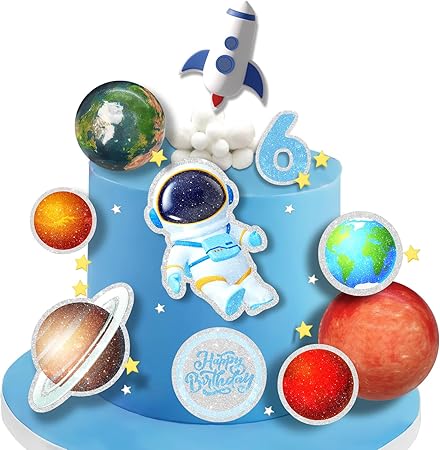 Amazon.com: 13 PCS Outer Space Cake Topper Happy 6th Birthday Astronaut Planet Rocket Cake ...