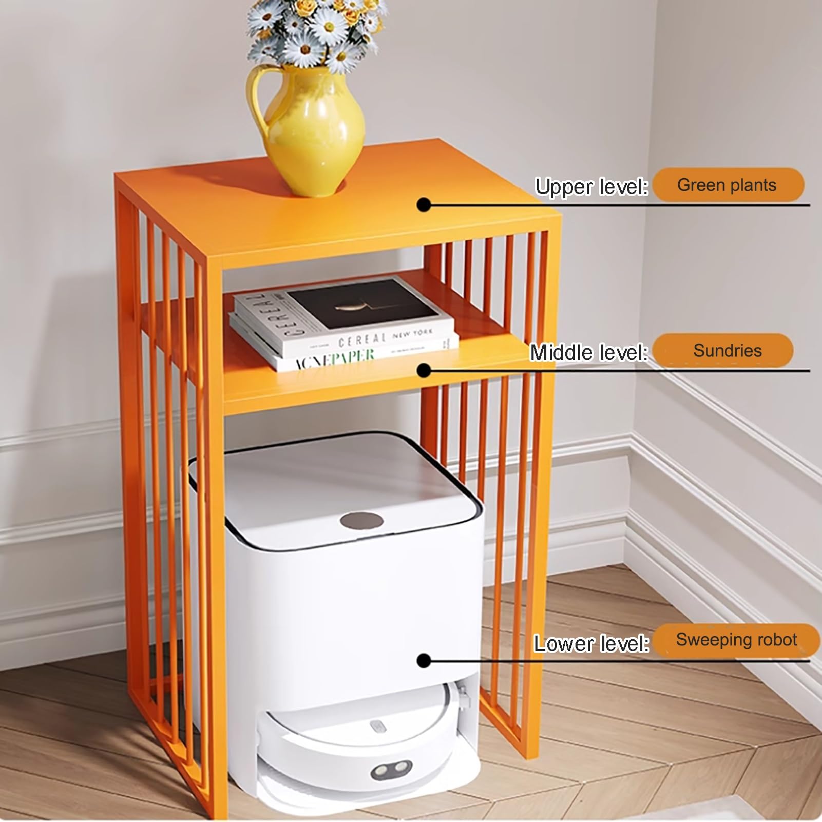 Living Room Organizer Shelf 2-Tier Metal Storage Rack With Robot Vacuum ...
