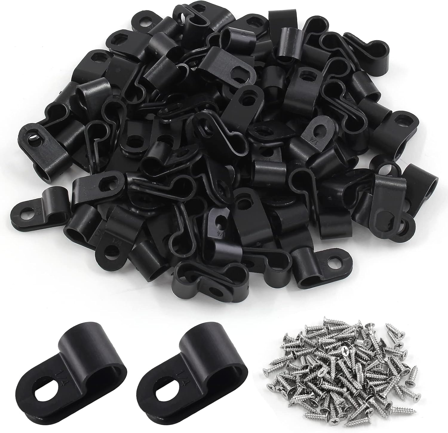 Eilumduo 100 Pack R-Type Cable Fastener Wire Clamp, 1/4 Inch Black ...