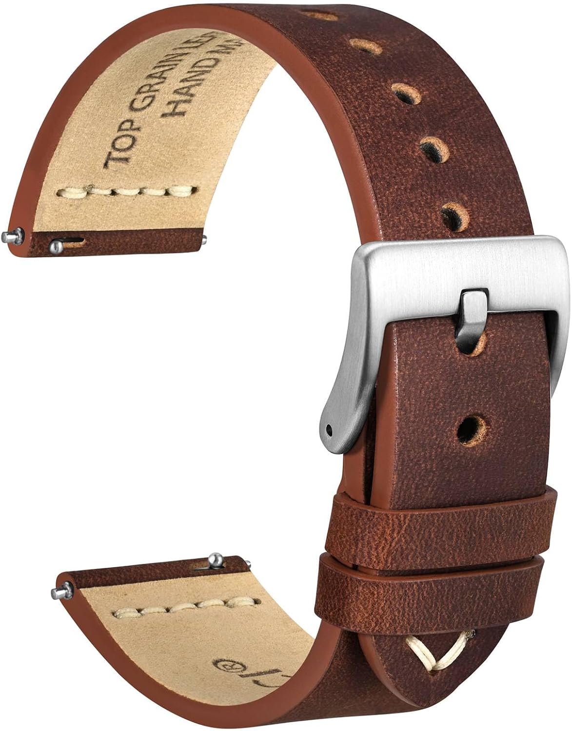 WOCCI 17mm Old-fashioned Watch Band for Men, Top Grain Leather, Silver ...
