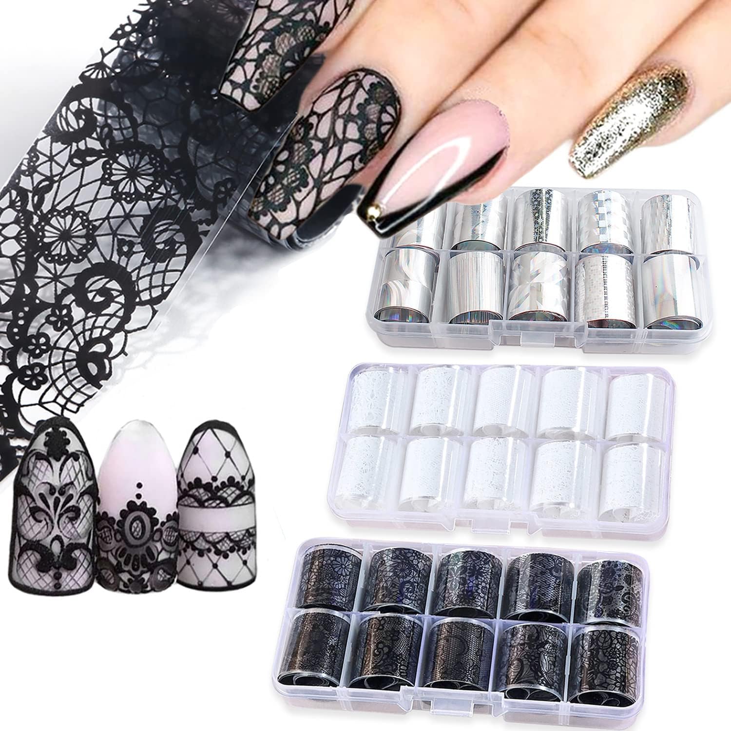 Amazon.com: Nail Foil Transfer, DANNEASY 30 Roll Black White Laser Lace ...