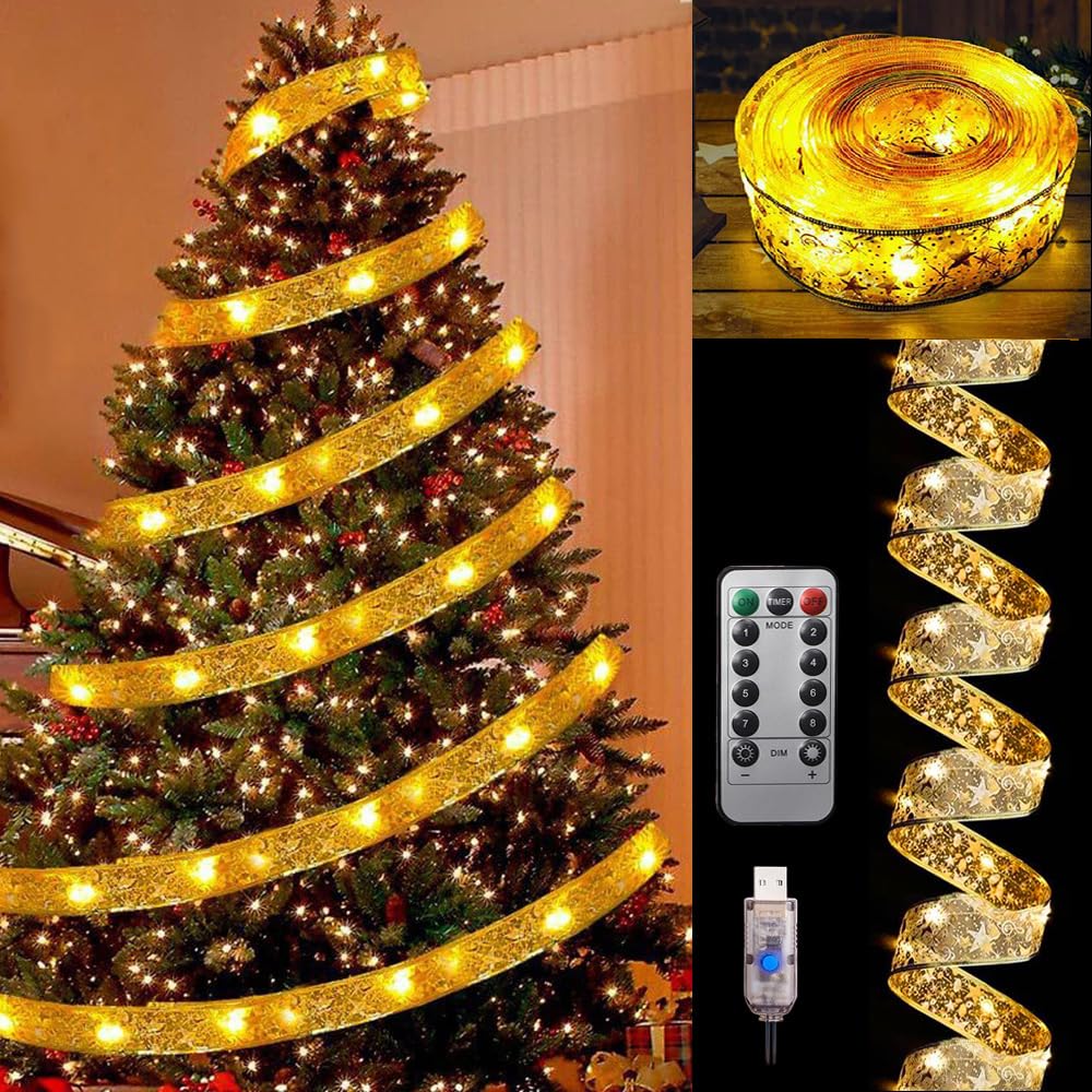 Amazon.com: Nialnant Gold Christmas Tree Ribbon Lights, 32.8ft 100 LED ...