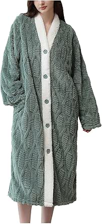 Women's Plush Long Robe Texture Plain Soft Bathrobe Button Down ...