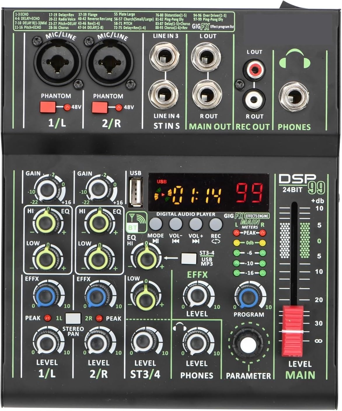 Amazon.com: Audio Mixer, Mini Portable 99 DSP Effects 4 Channels Audio ...