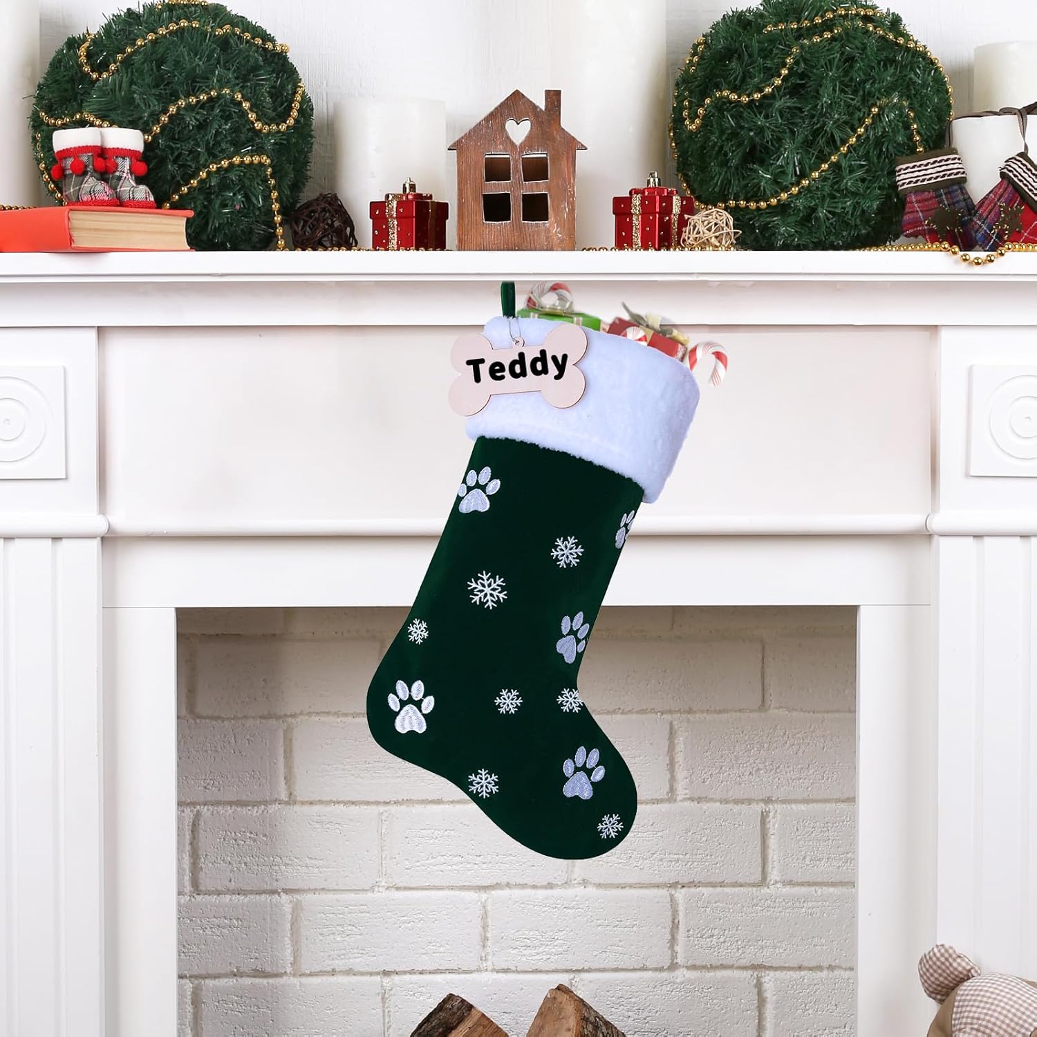 Amazon.com: Subyan Green Pet Christmas Stockings, 20'' Dog Paw Embroidered Snowflake Pattern ...