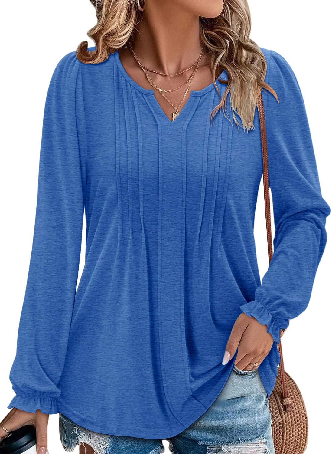 Angerella Long Sleeve Shirts for Women Comfy V Neck Fall Tops Dressy ...