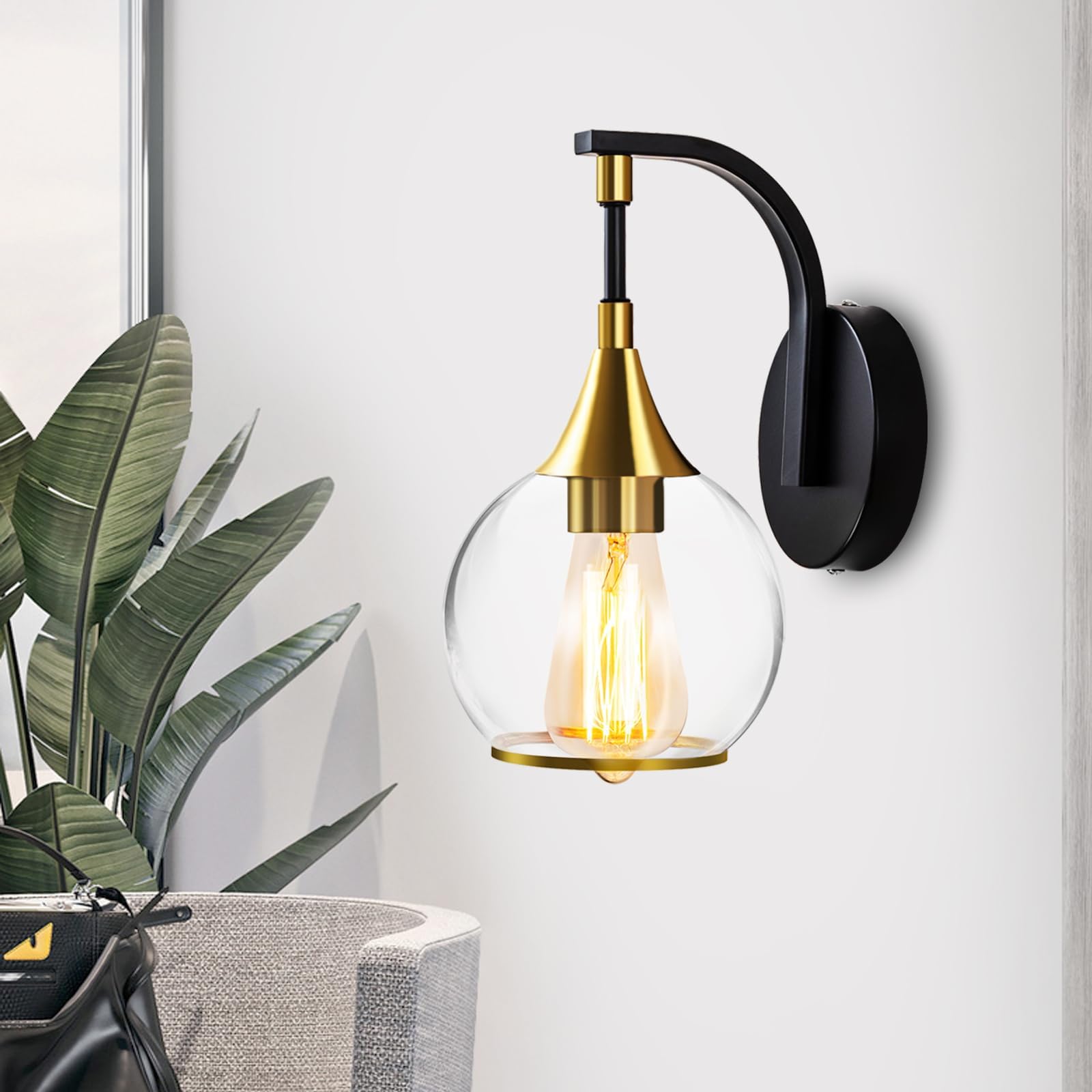 Ymlii Indoor Wall Sconce, Black and Gold Wall Light Fixture with 4.9 ...