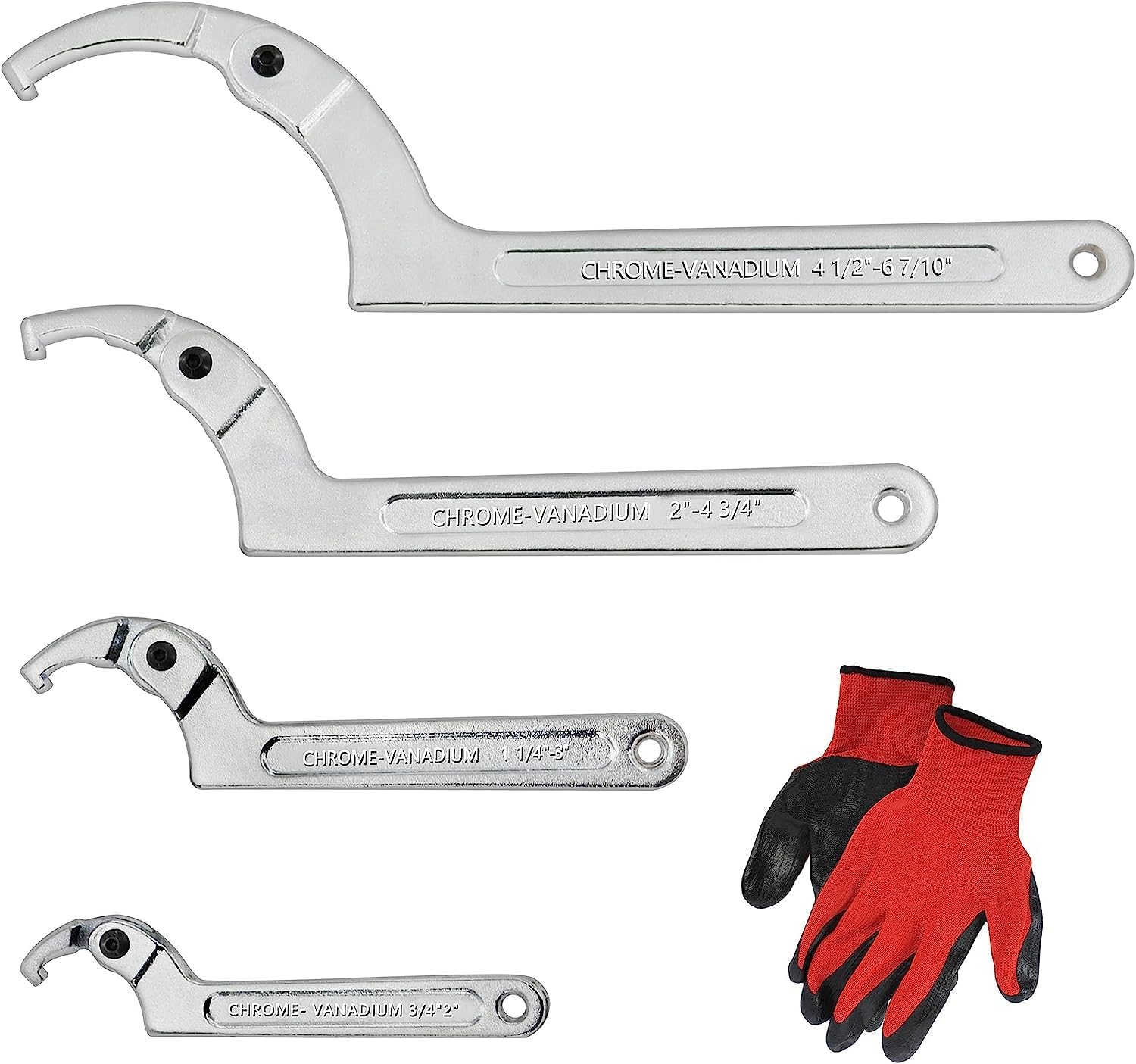 Adjustable C Pin Spanner Hook Wrench Chrome Vanadium Include 3/4-2", 1 1/4-3", 2-4 3/4", 4 1/2-6 ...