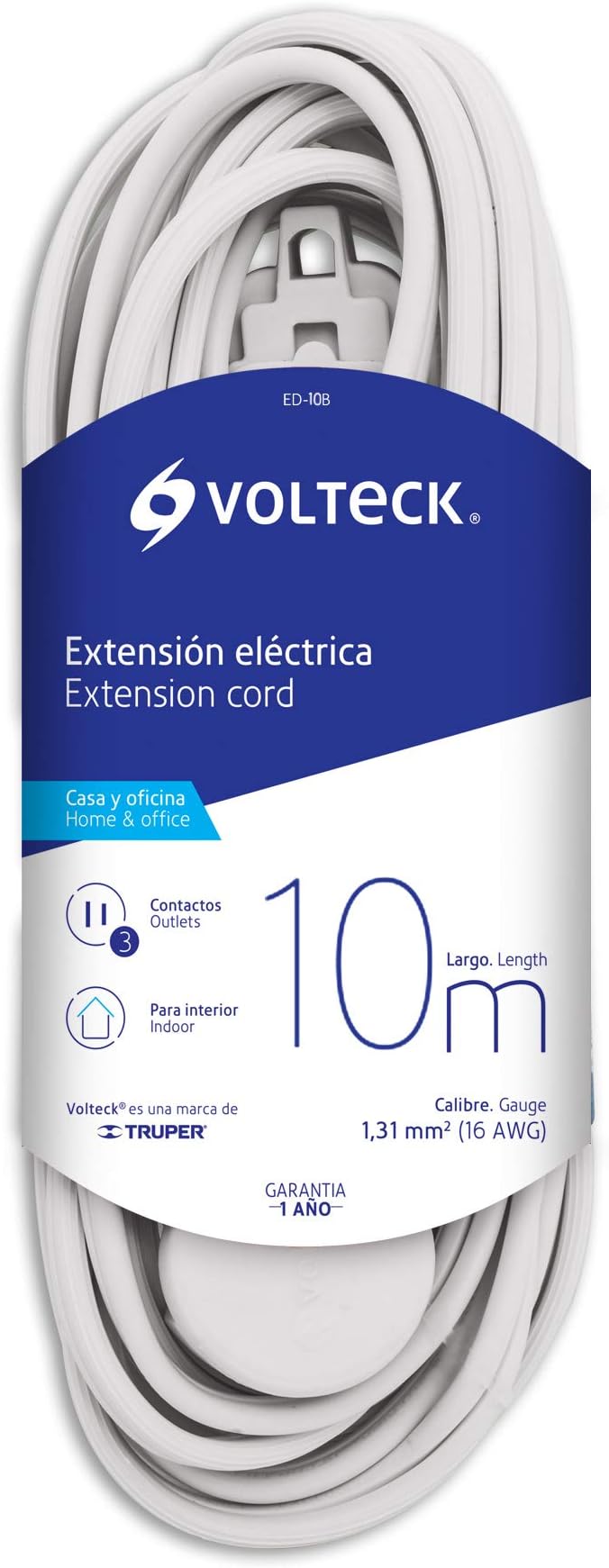 Volteck ED-10B, Extensión eléctrica doméstica, 10 m, blanca : Amazon ...