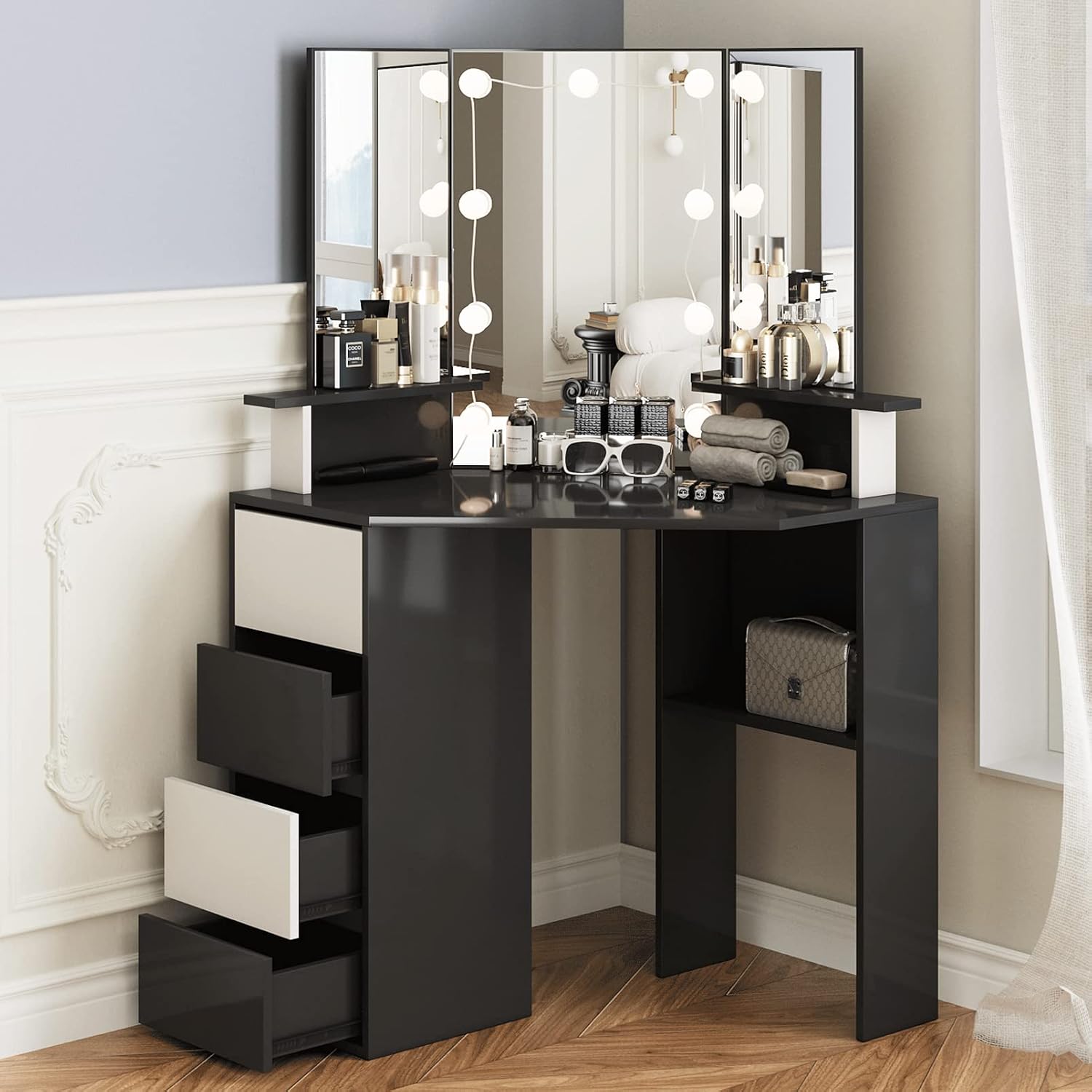 Amazon.com: Corner Makeup Vanity Table with Lighted Mirror,Black Vanity ...