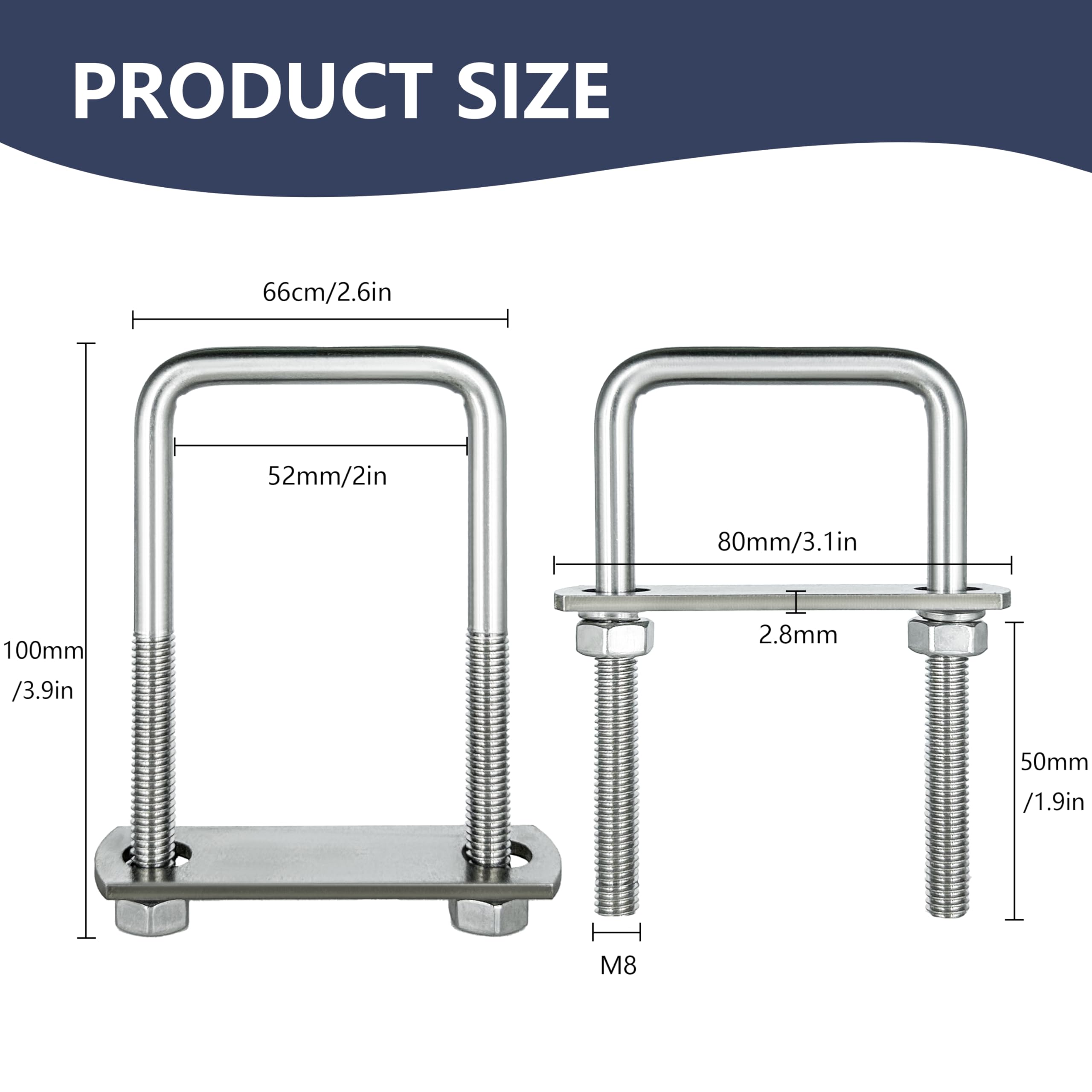 Snapklik.com : SRZTXU 4 Sets M8 Square U-Bolts,u-Bolts 2 Inch Wide,304 ...