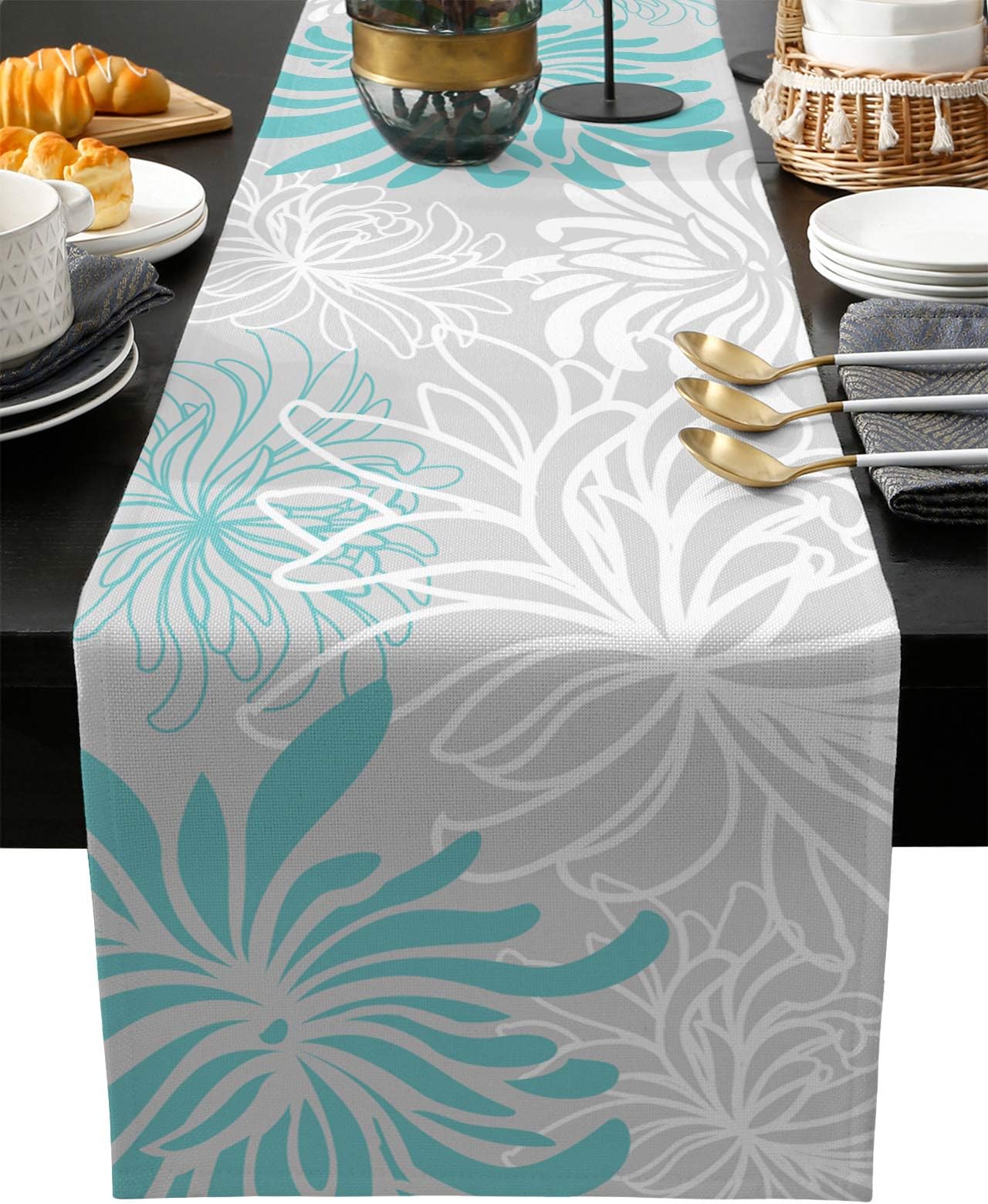 Amazon.com: Teal Flower Table Runner, Vintage Farmhouse Country Floral ...