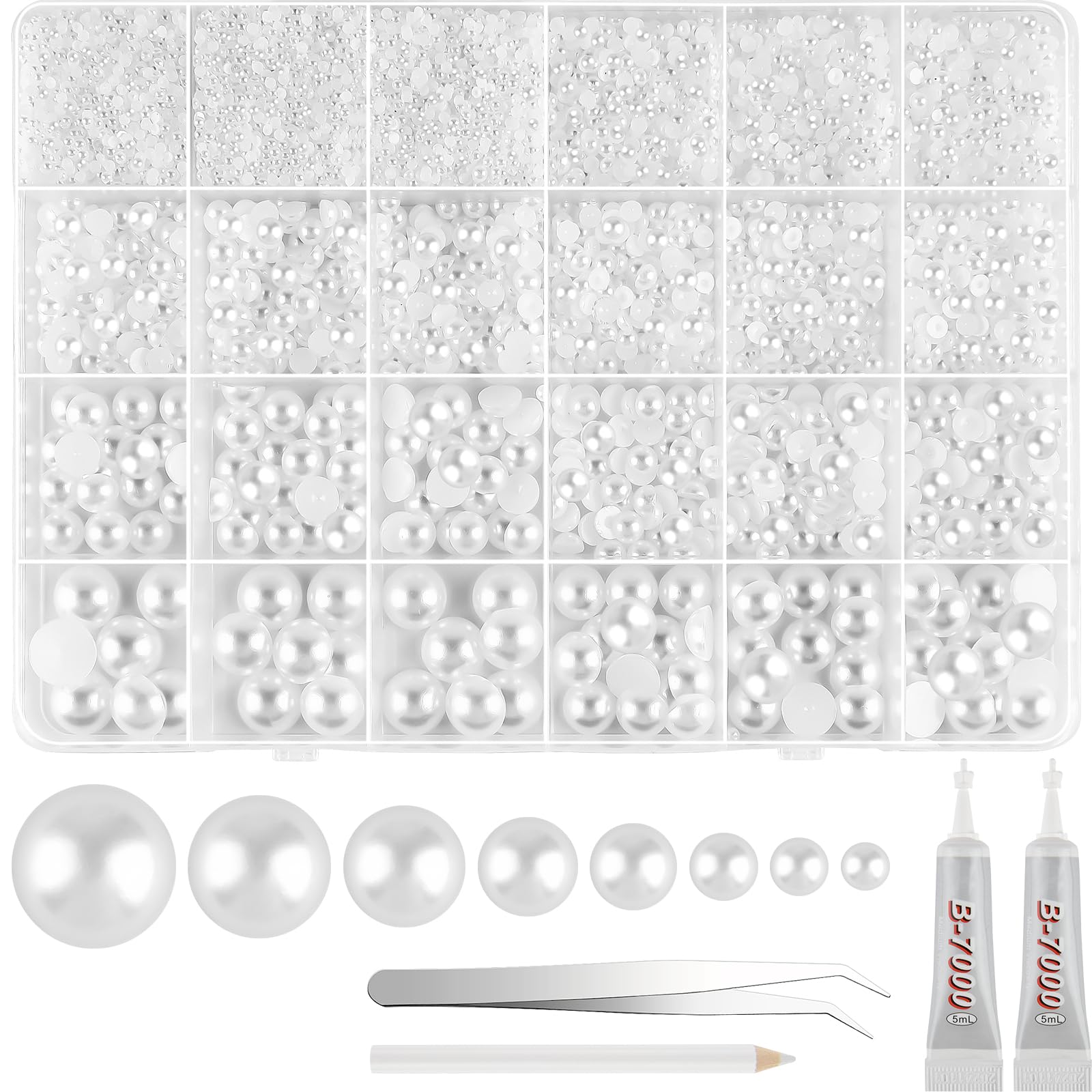 NEBURORA 13000 Pcs White Flat Back Pearl Kit 8 Sizes with Tweezer and ...