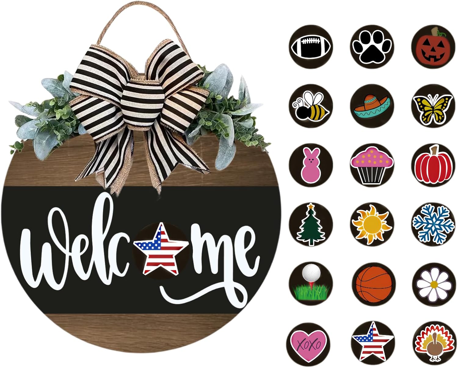 Amazon.com: Interchangeable Wooden Seasonal Welcome Sign, Rustic Round ...