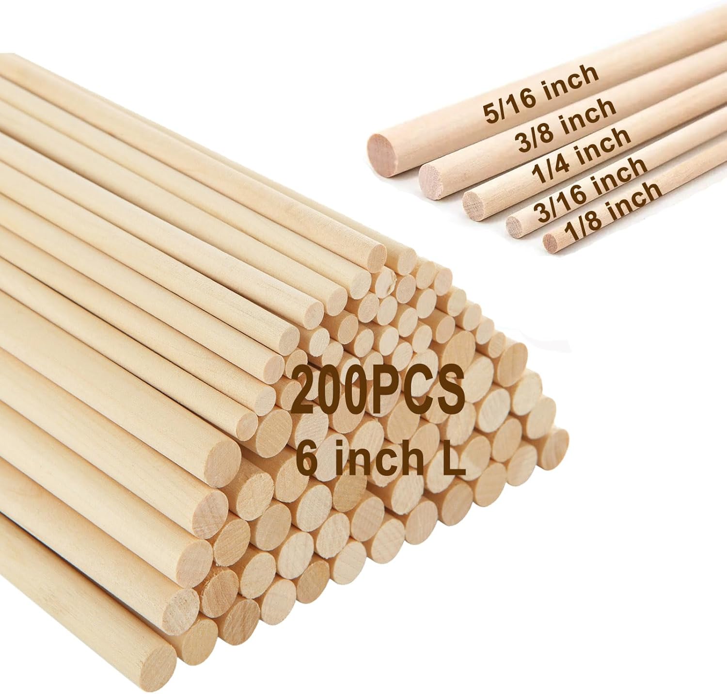 Amazon.com: Acrux7 200 PCS 6 Inch Wooden Dowel Rods Assorted Sizes - 1/ ...