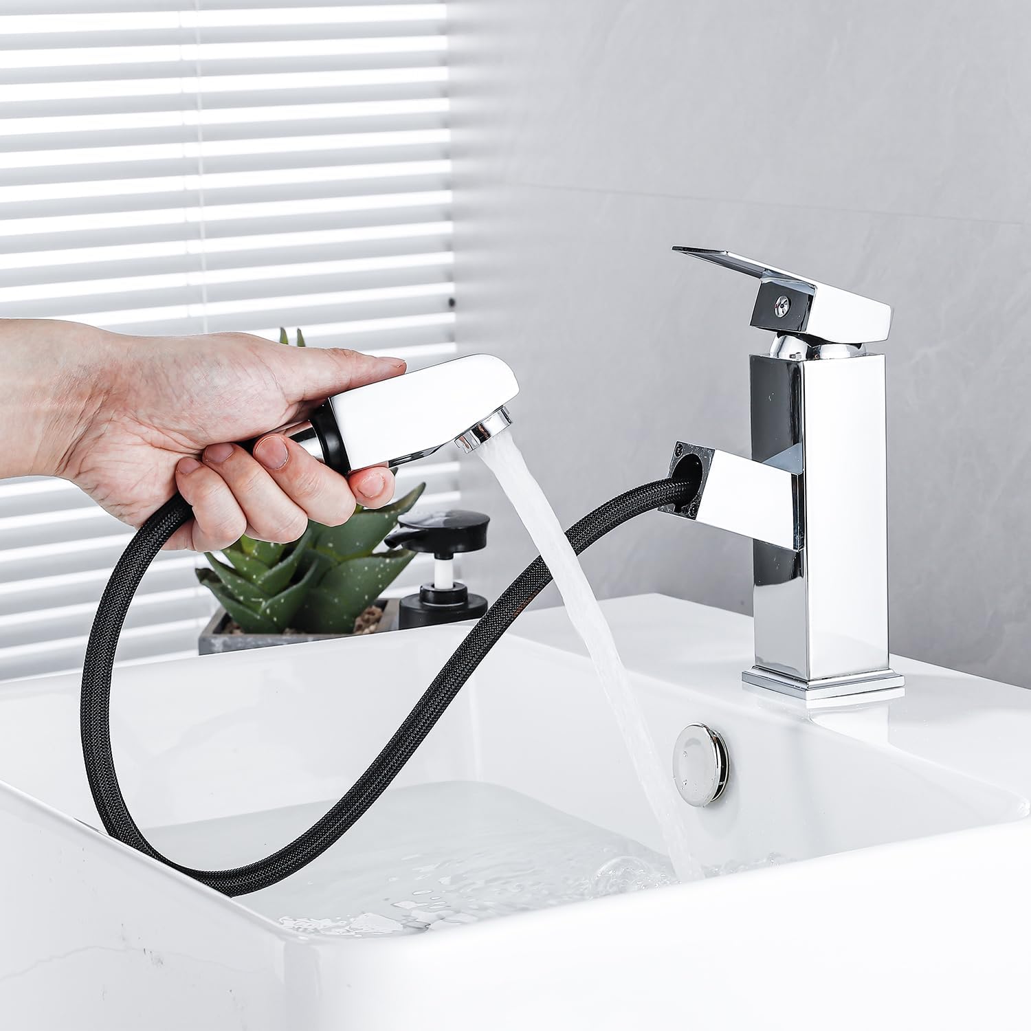 Eovem Pull Out Bathroom Taps Single Lever Basin Mixer Tap Square ...