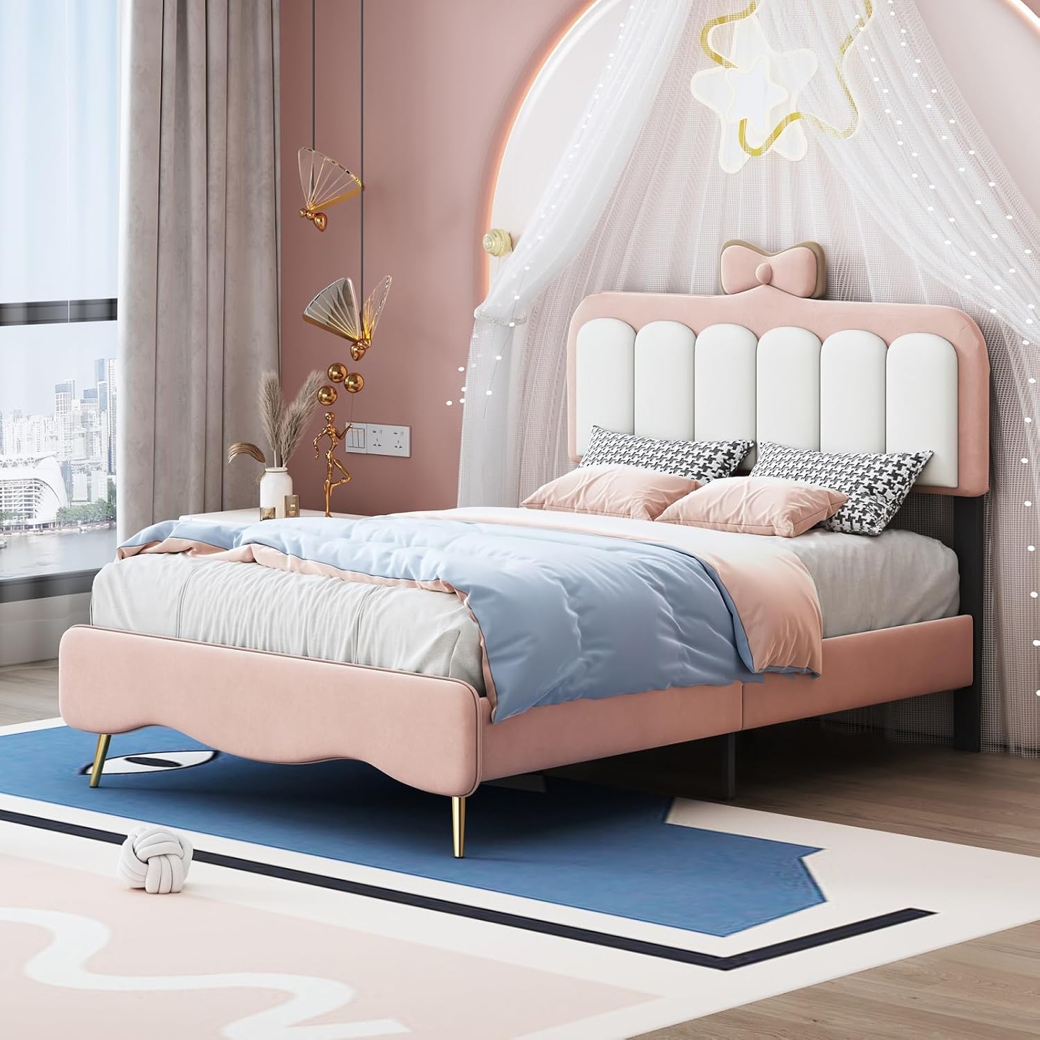 Amazon.com: Twin Size Upholstered Princess Bed with Bow Knot Headboard ...