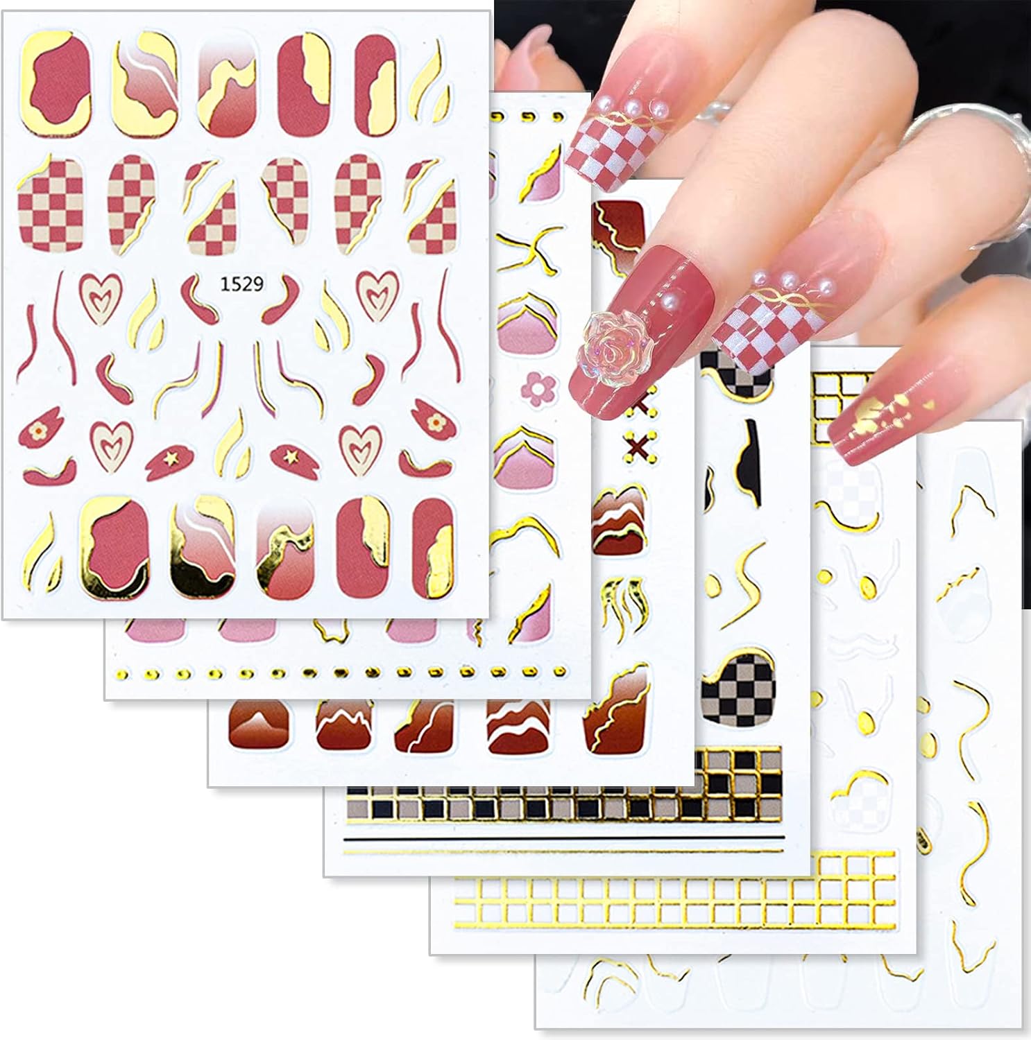 Amazon.com: Plaid Nail Art Stickers Decals Gold Line Checkerboard ...