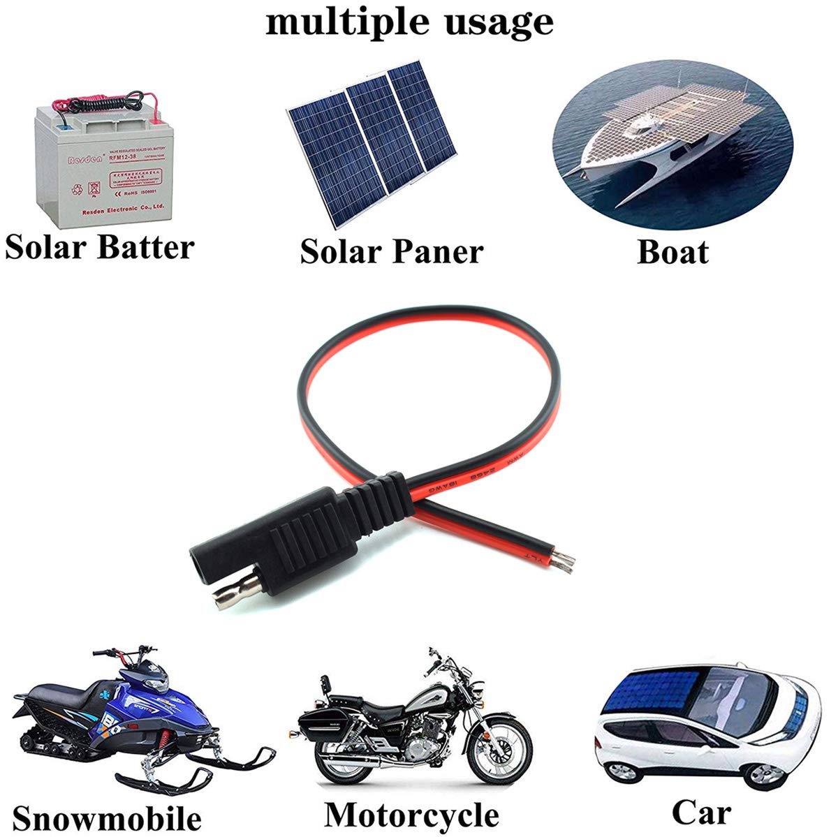 Solar Panel Connectors 4 Pcs 18AWG SAE Extension Cable 2-Pin SAE Quick ...