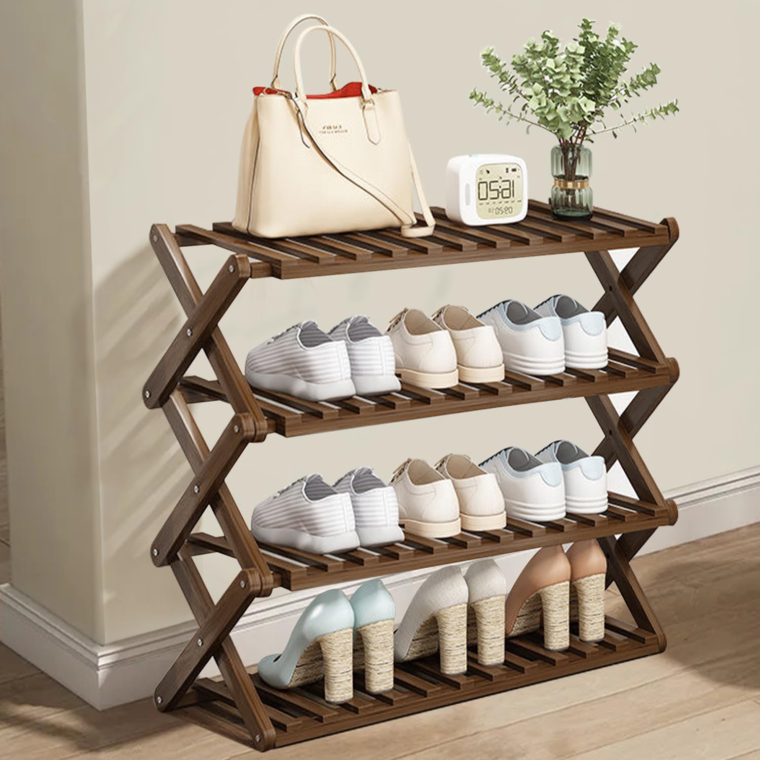 Amazon.com: FEUFOAM Folding Bamboo Shoe Rack Organizer 4 Tier Foldable ...