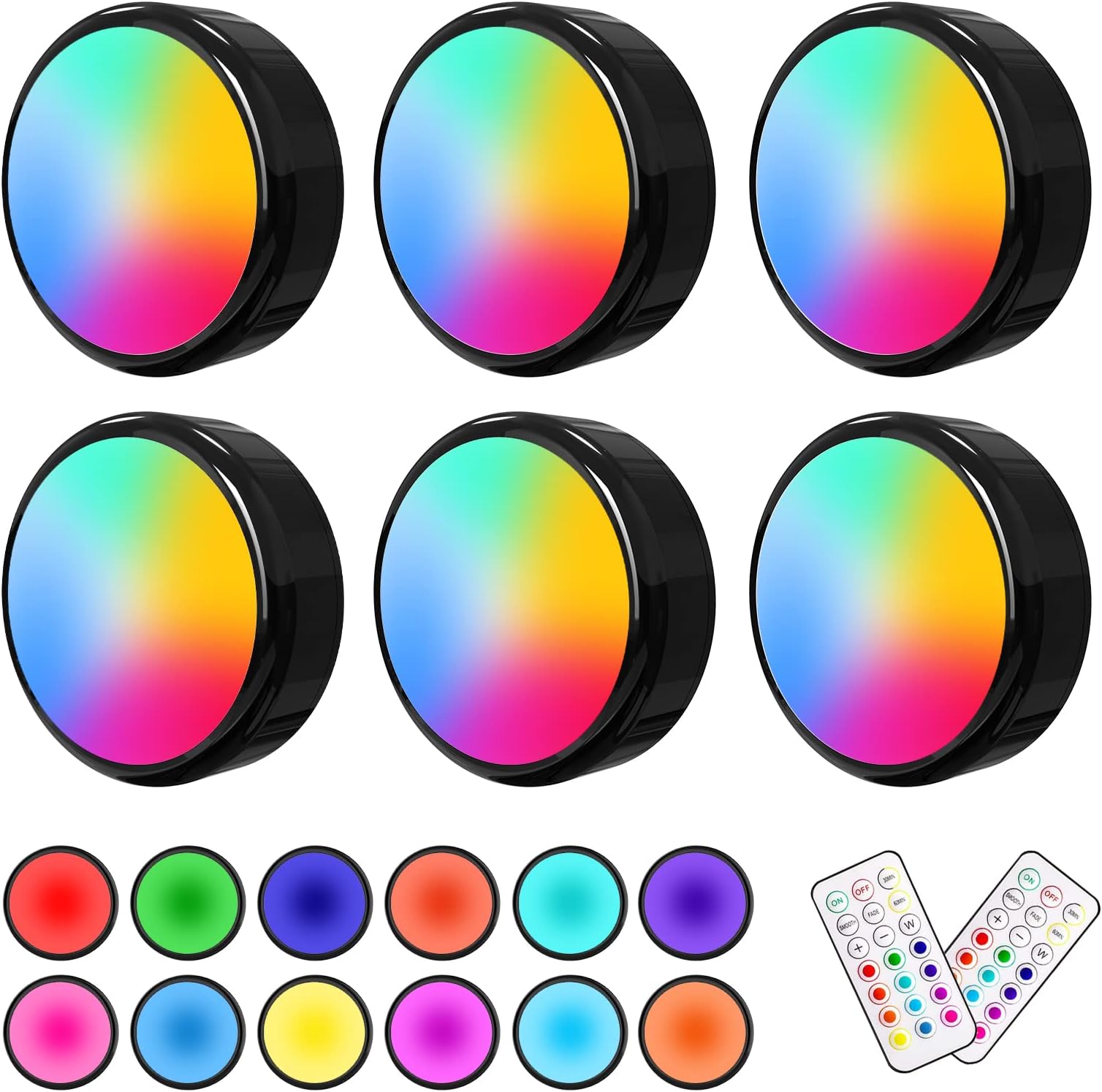 AlltroLite FA7835 Color Changing LED Puck Lights with 2 Remotes (6 Pack ...