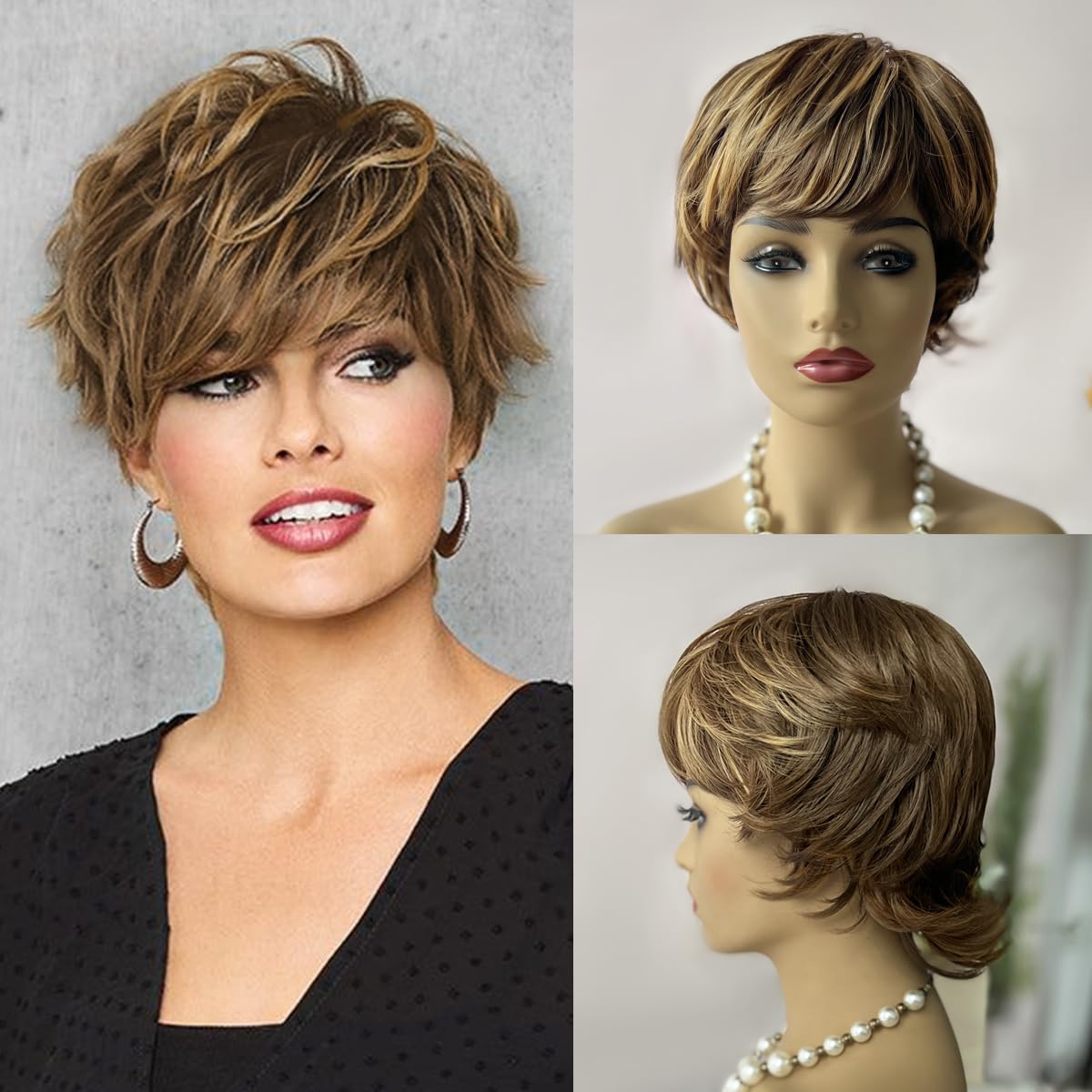 Amazon.com : Short Brown Wigs with Bangs Highlight Brown Pixie Cut Wigs ...