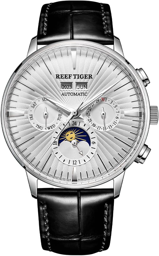 REEF TIGER Fashion Moonphase Complete Calendar Leather Strap Automatic ...