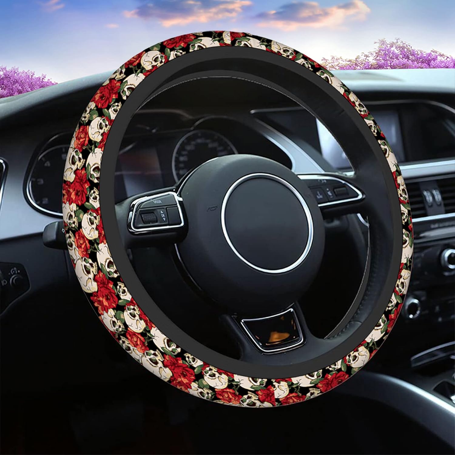 Amazon.com: Swono Red Flower and Skull Steering Wheel Covers 15" Inch ...