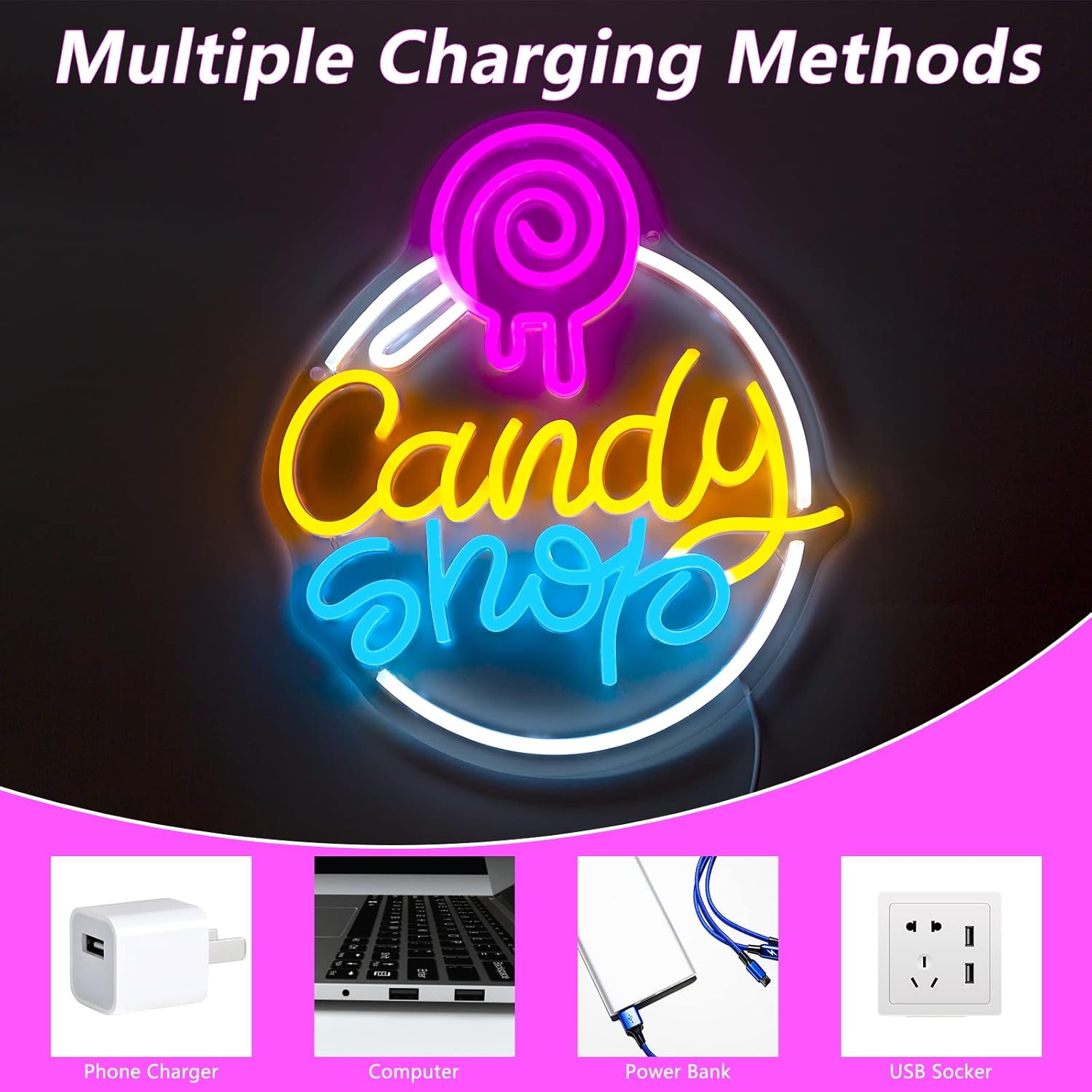 Moodlion Candy Shop – Letrero de neón para decoración de pared ...