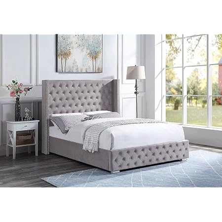 Home Treats Double Bed With Winged Headboard Tall | Upholstered Brushed ...