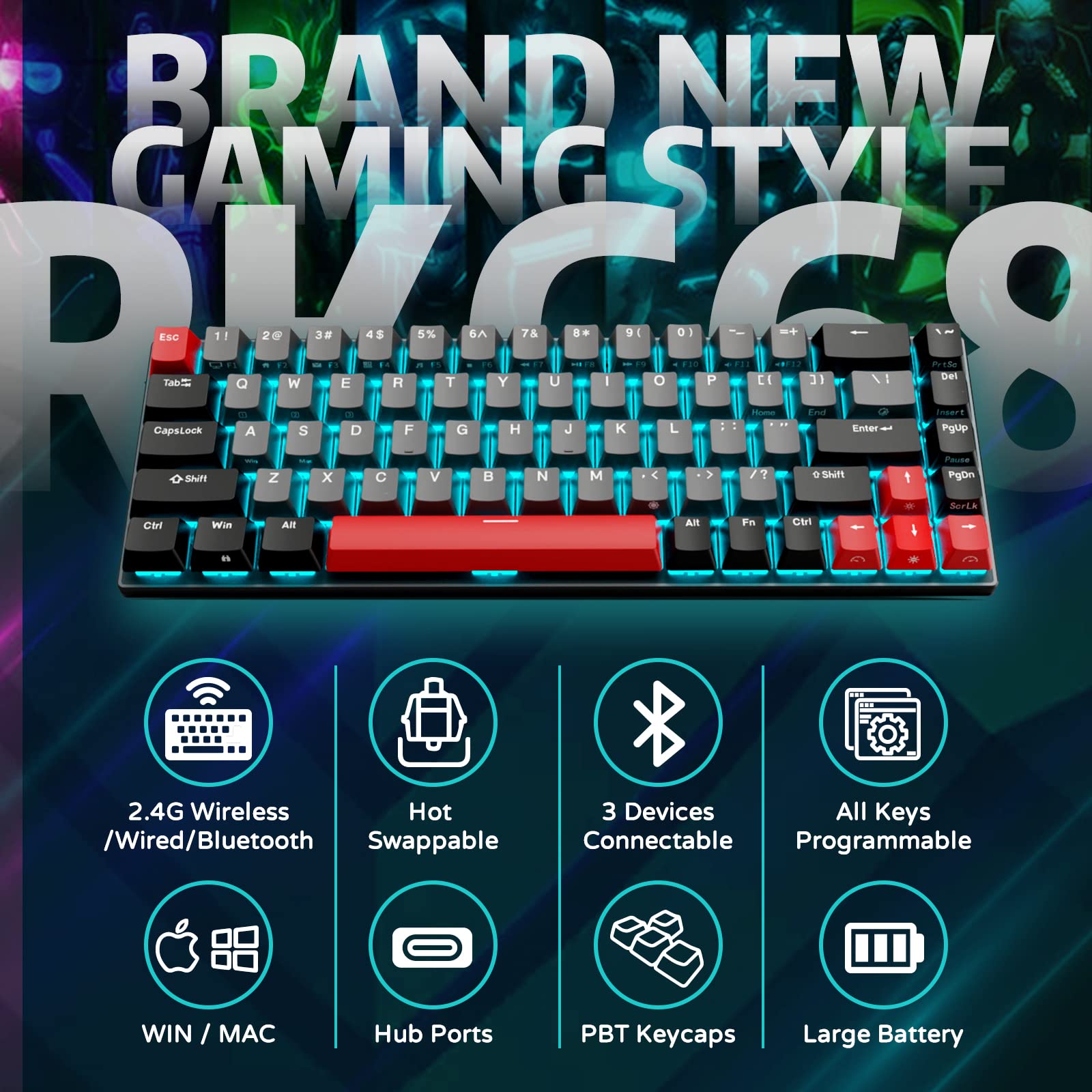 RK ROYAL KLUDGE RK G68 65% Wireless Mechanical Gaming Keyboard ...